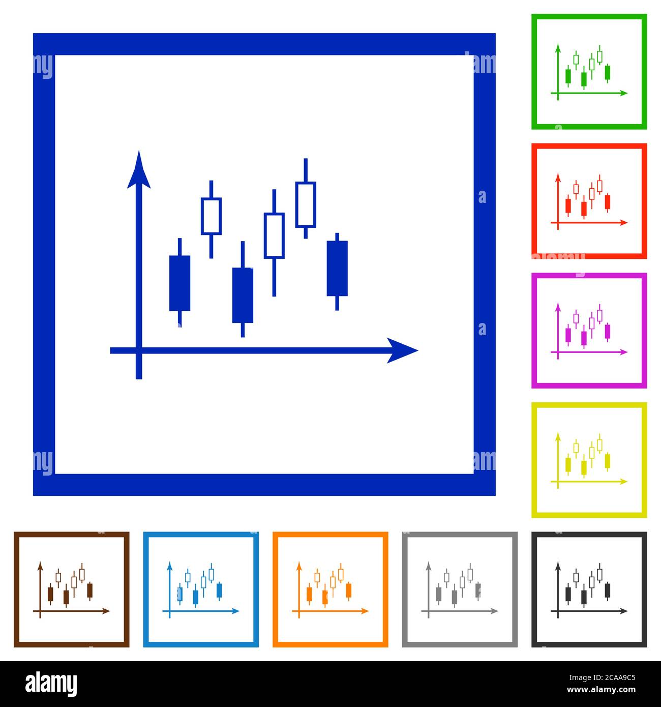 Candlestick graph with axes flat color icons in square frames on white ...