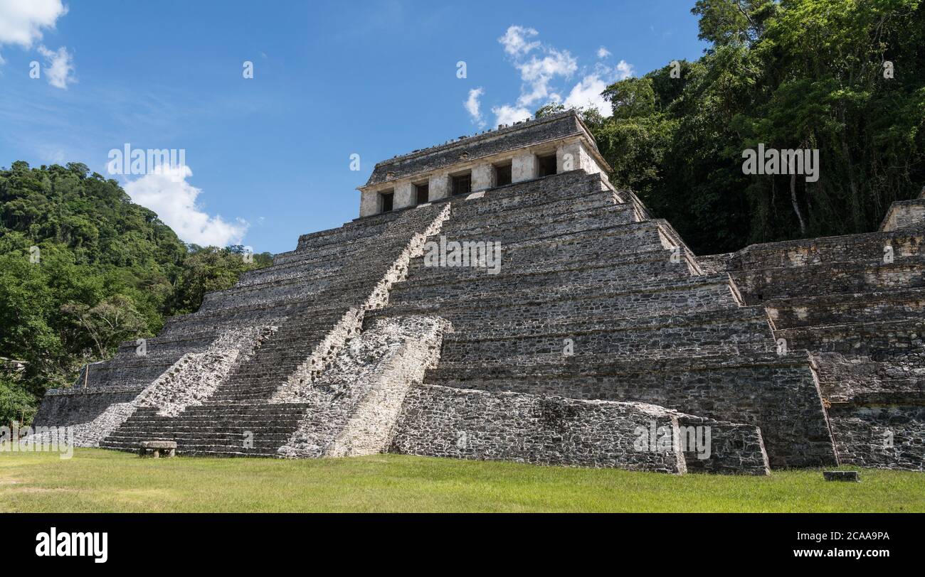 The Temple of the Inscriptions in the ruins of the Mayan city of ...