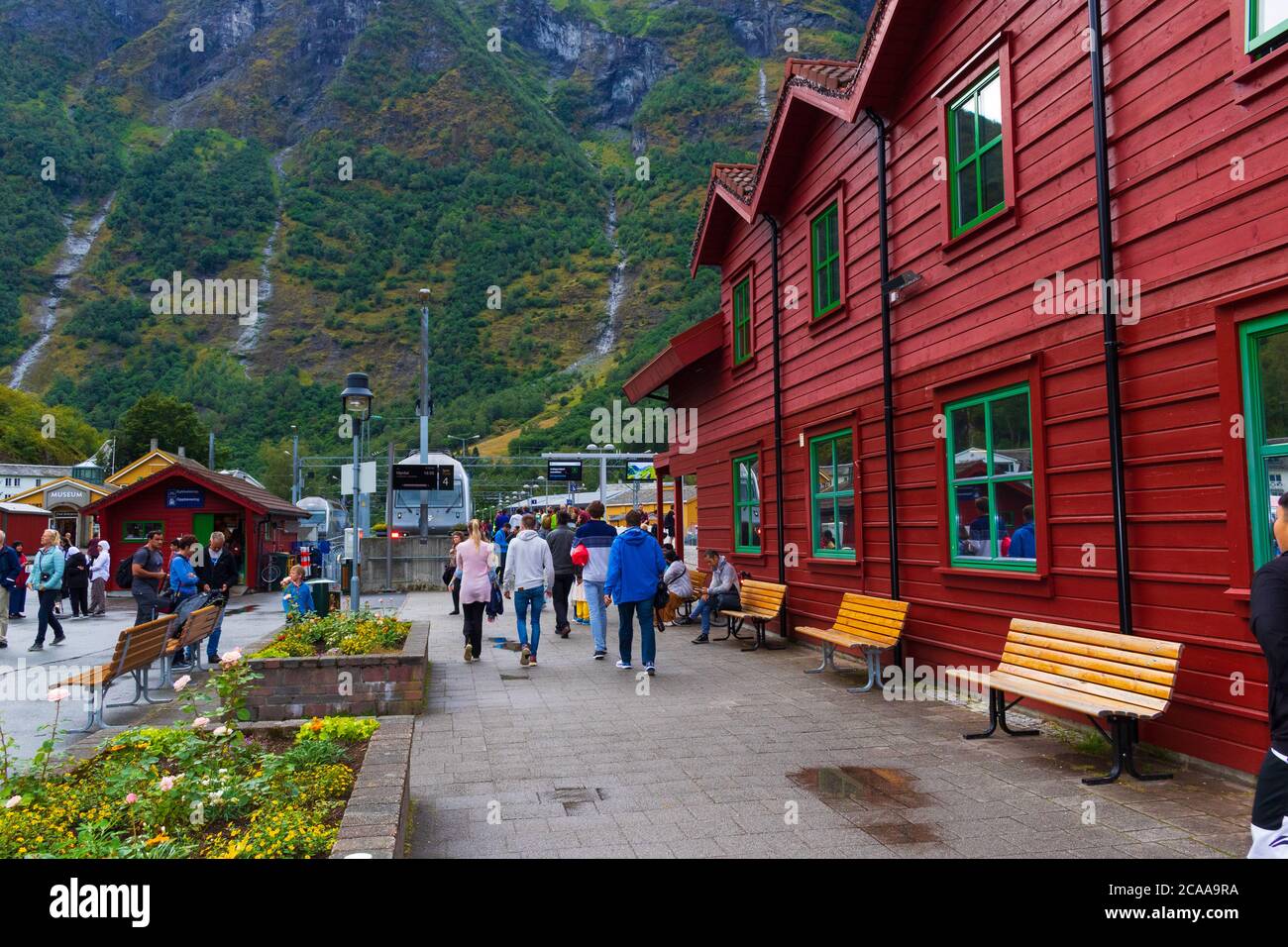 Flam train station.Flåm Line is a 20.2-kilometer long railway line between Myrdal and Flåm in ...