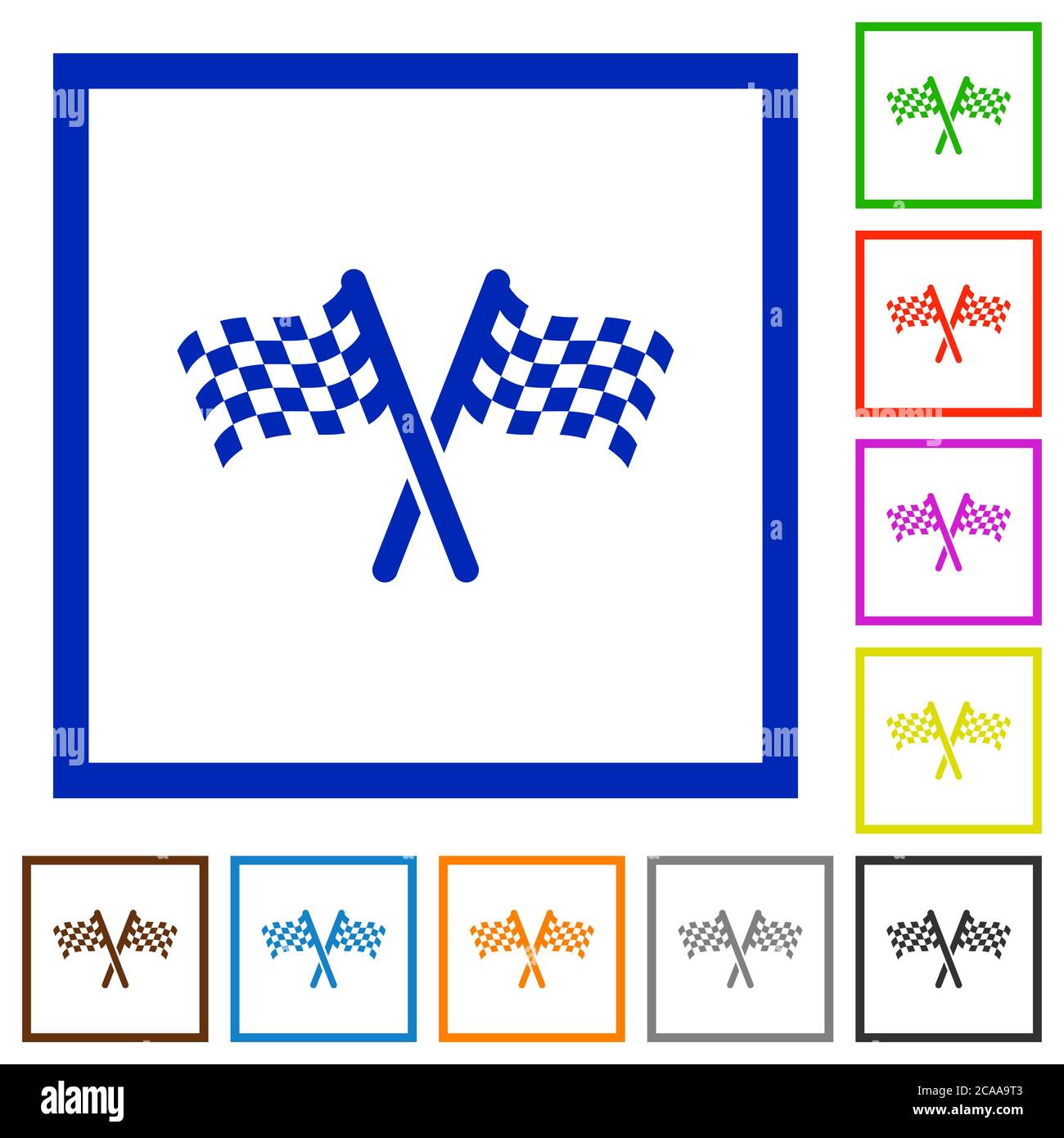 Two chequered flags flat color icons in square frames on white ...
