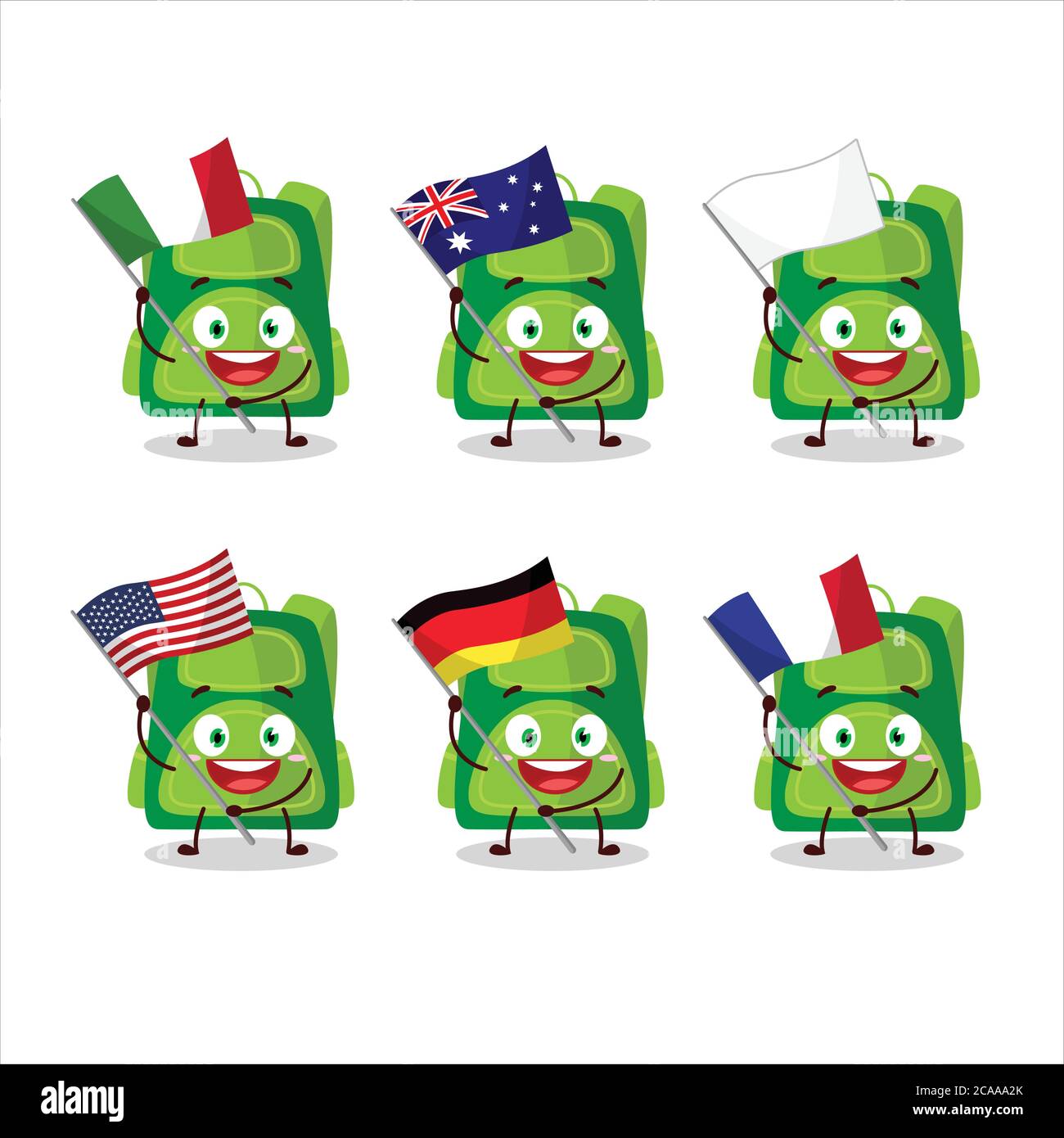 Green School Bag Cartoon Character Bring The Flags Of Various Countries
