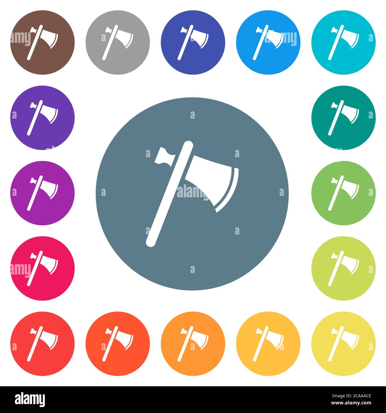 Single tomahawk flat white icons on round color backgrounds. 17 background color variations are ...