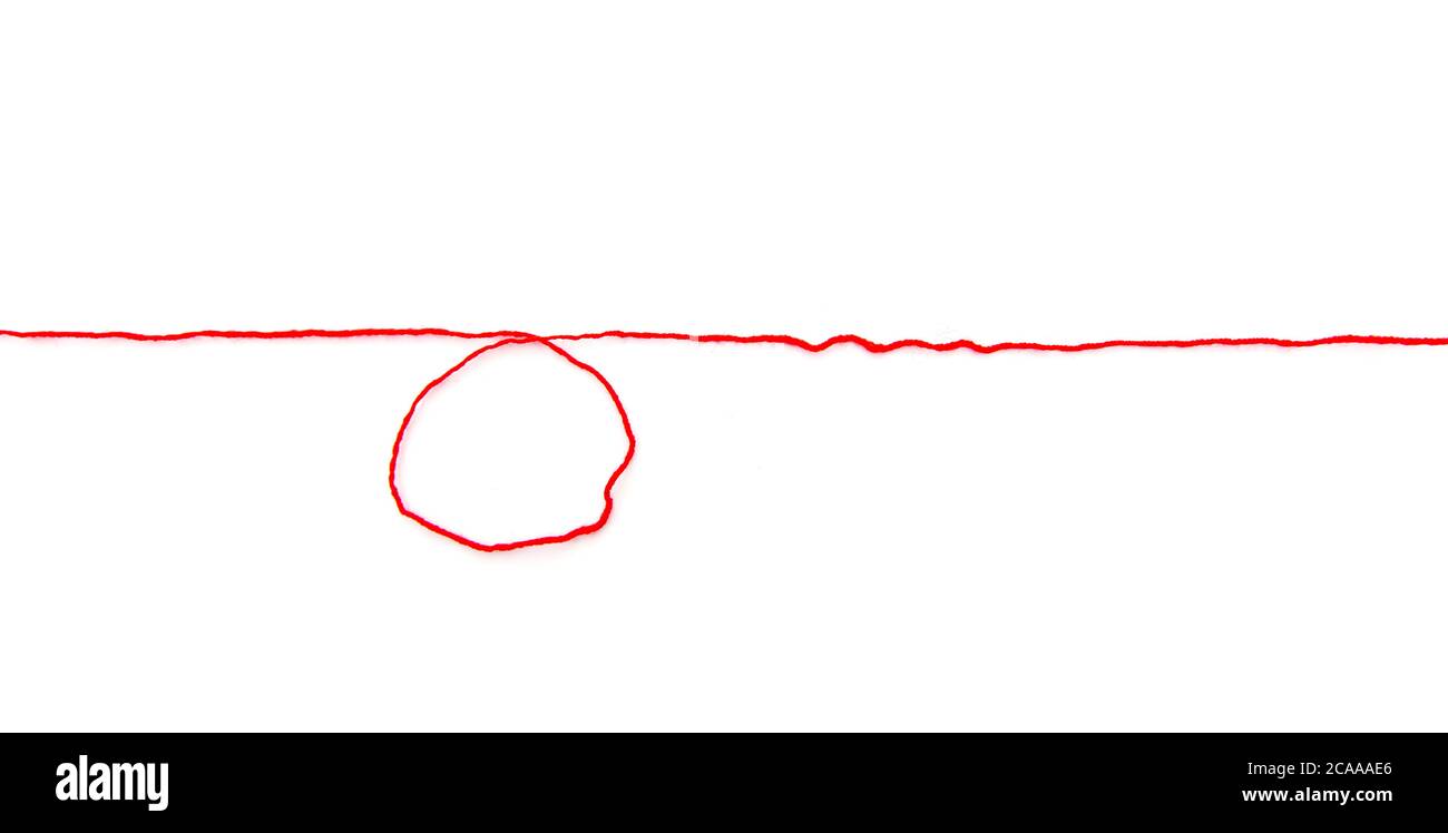 Line of red yarn, long red thread with a knot isolated on white ...