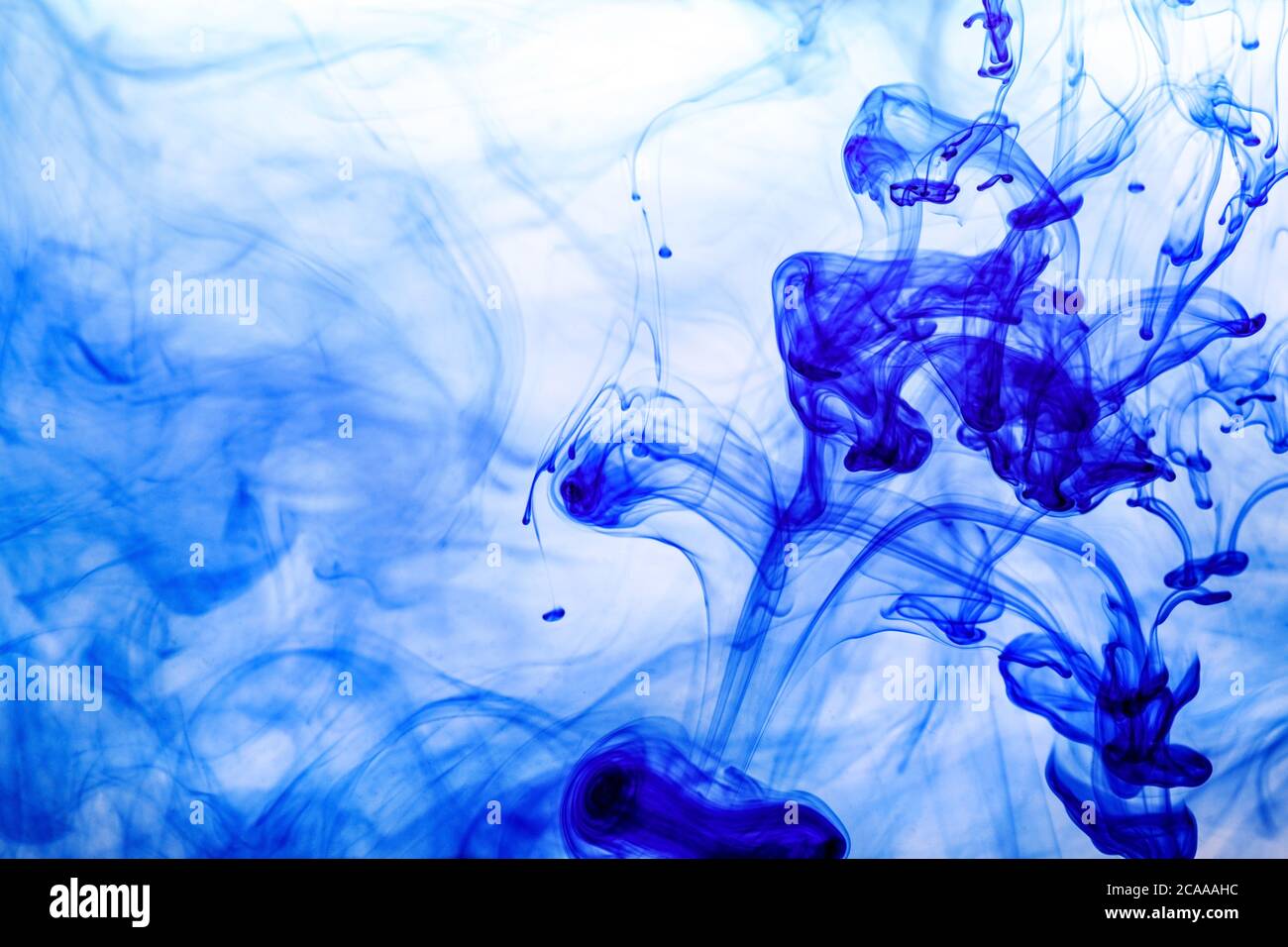 Blue ink injected into water from syringe, colour mixing with water ...