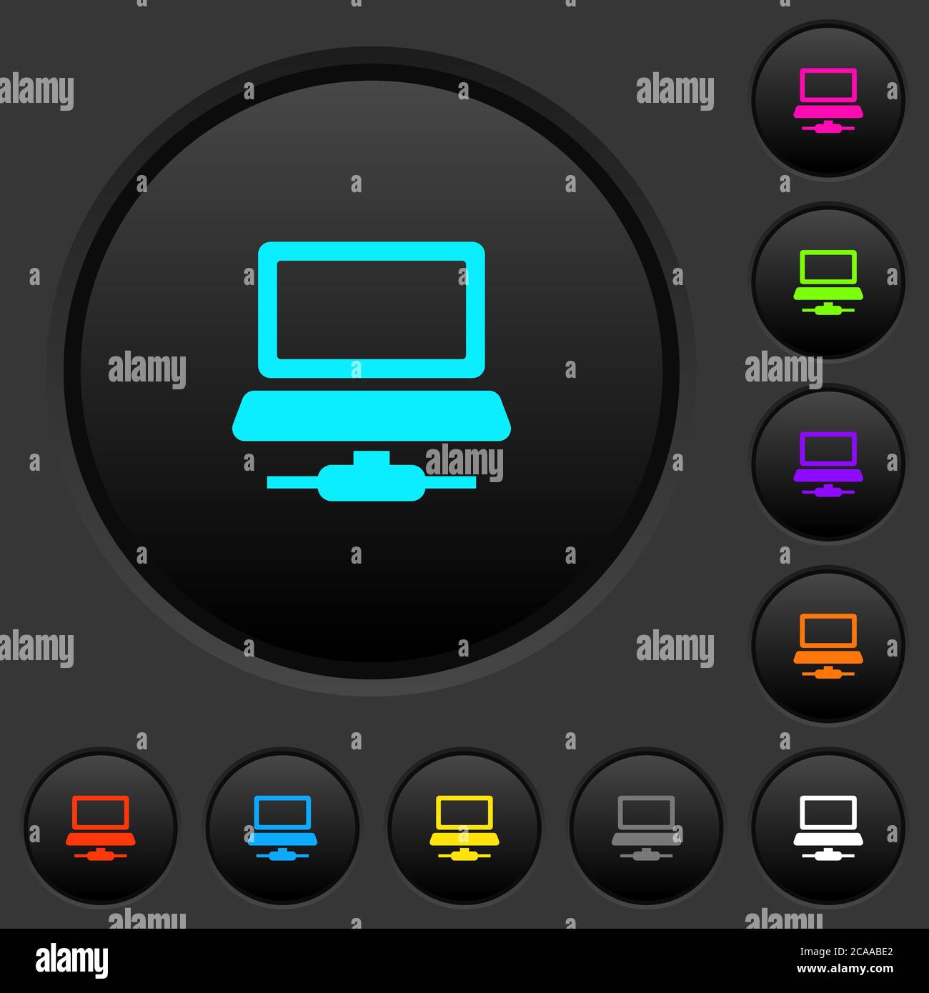 Network computer dark push buttons with vivid color icons on dark grey ...