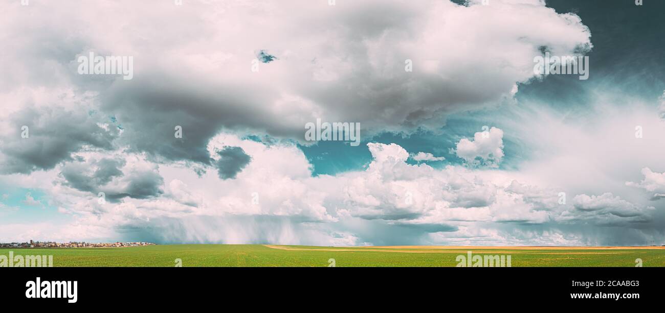 Countryside Rural Field Meadow Landscape In Sunny Rainy Spring Day ...