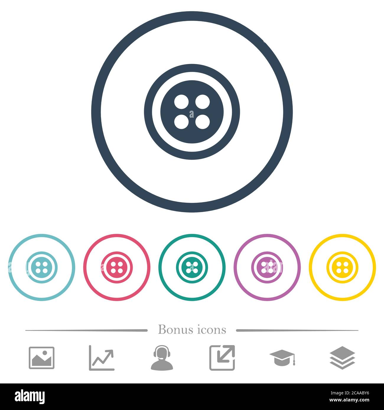 Dress button with 4 holes flat color icons in round outlines. 6 bonus ...