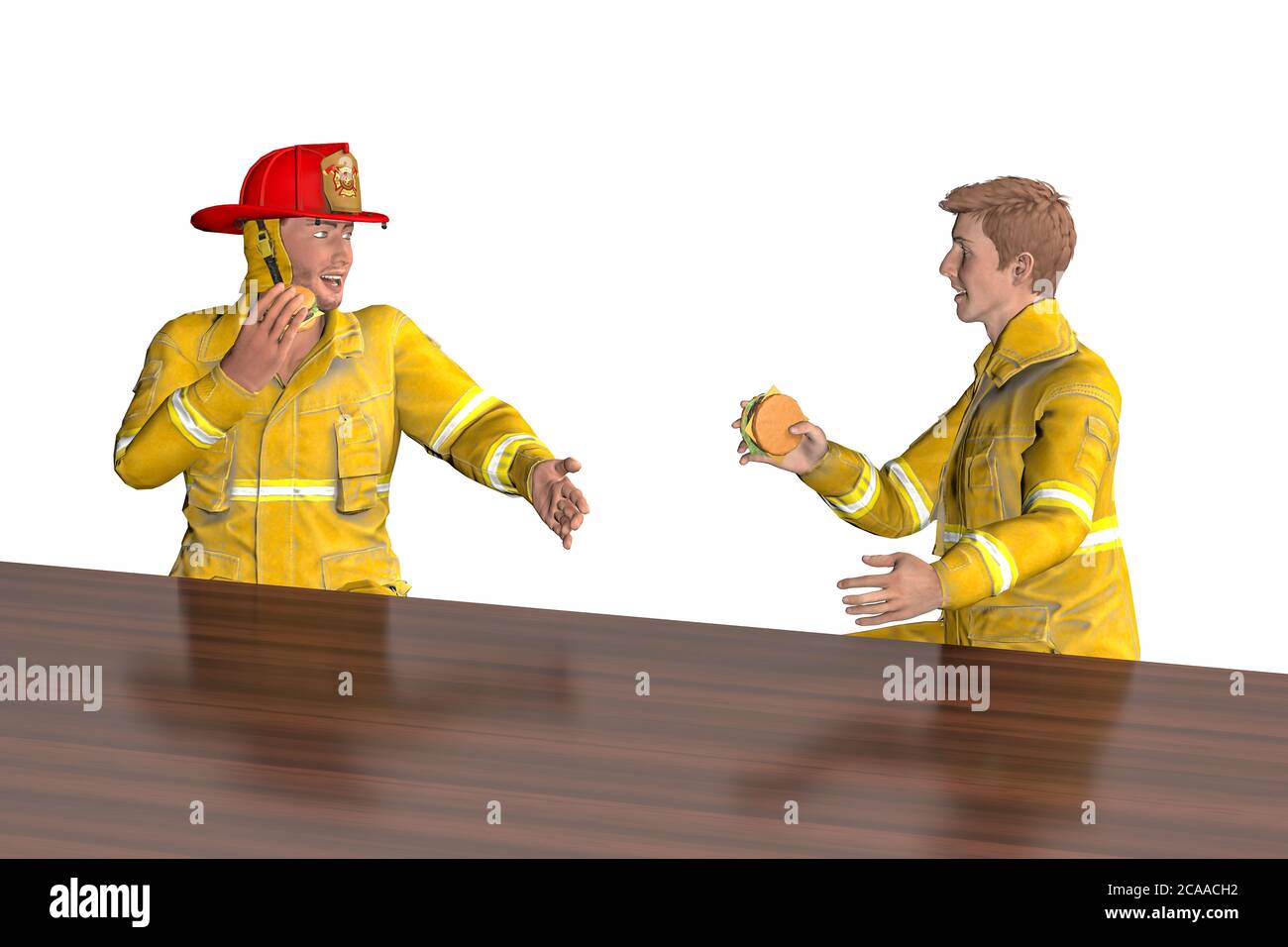 Two firefighter friends are sitting in a fast food restaurant eating ...