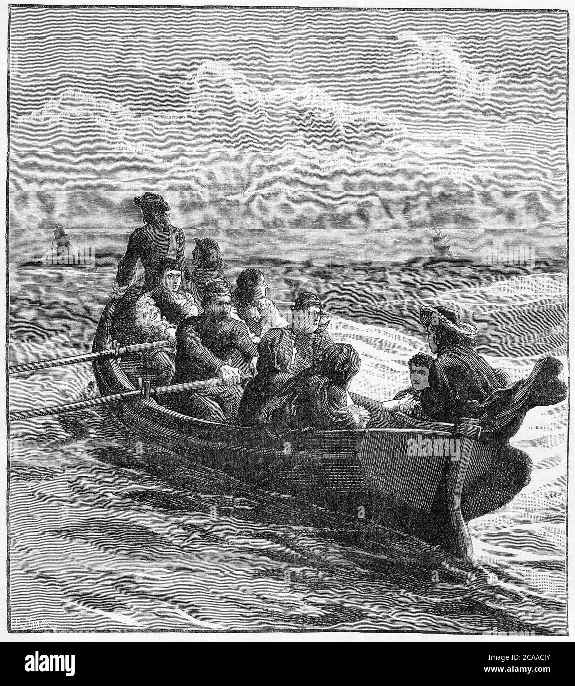 Engraving of a life boat with survivors of a shipwreck Stock Photo - Alamy