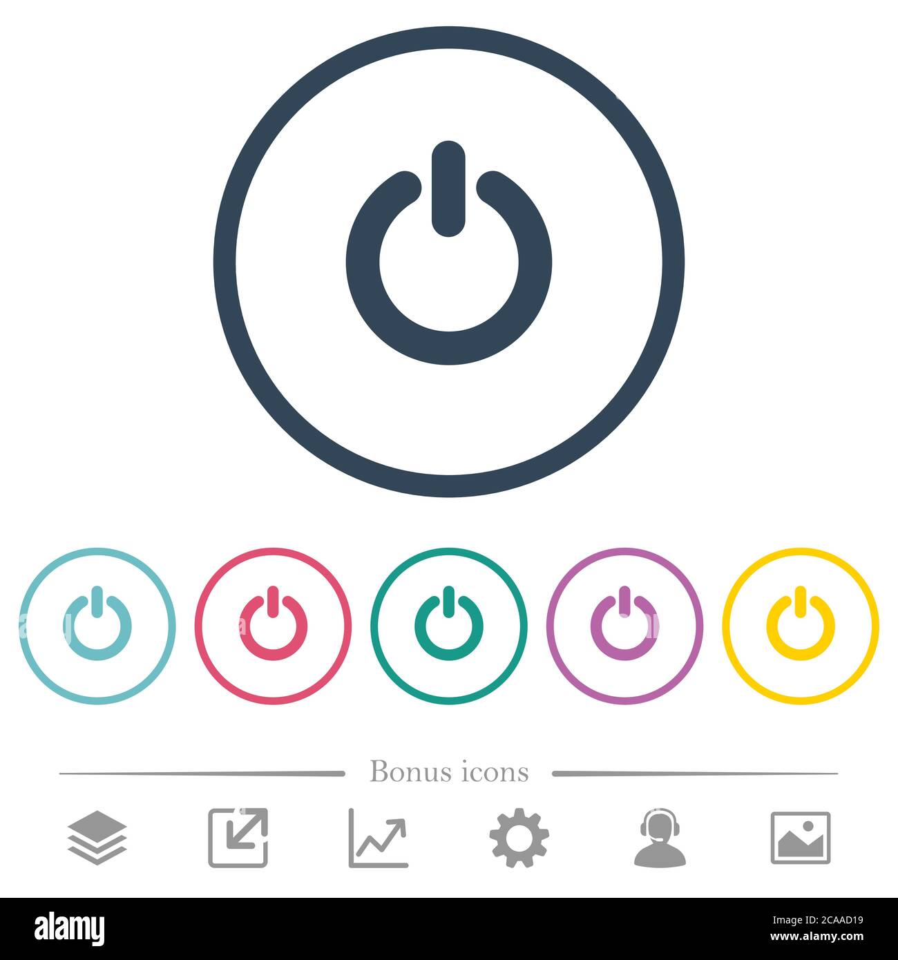 Power switch flat color icons in round outlines. 6 bonus icons included ...