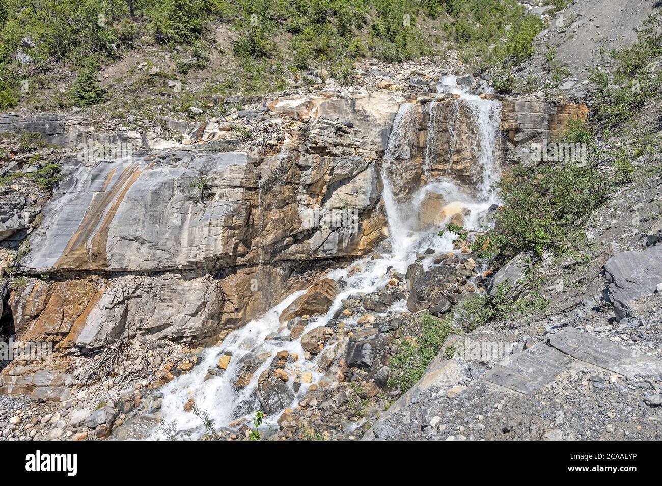Little waterfall from the Waputik Icefield in Yoho Pass at Yoho ...
