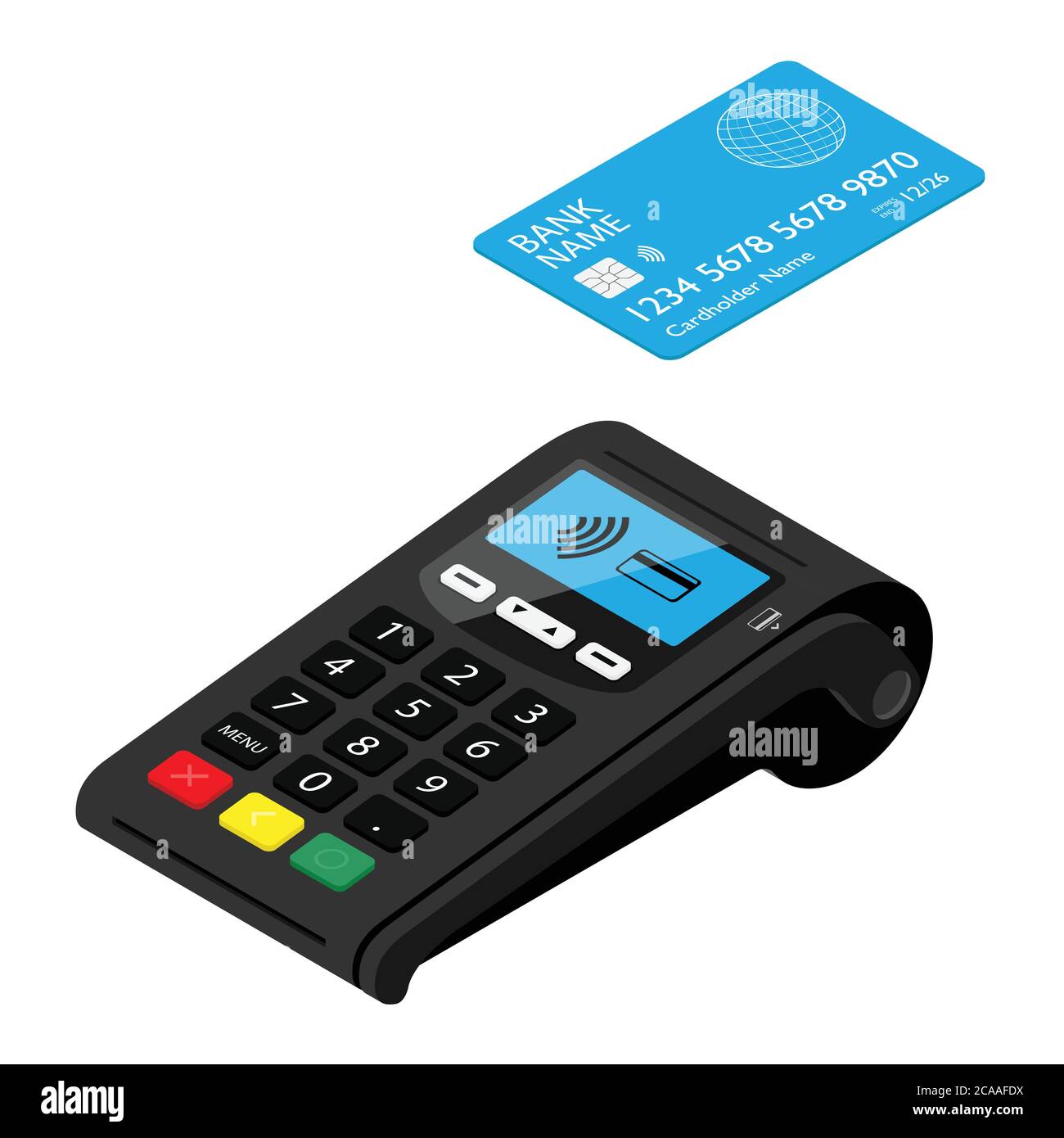 New smart POS terminal payment machine with bank credit card isolated on white background. Bank ...