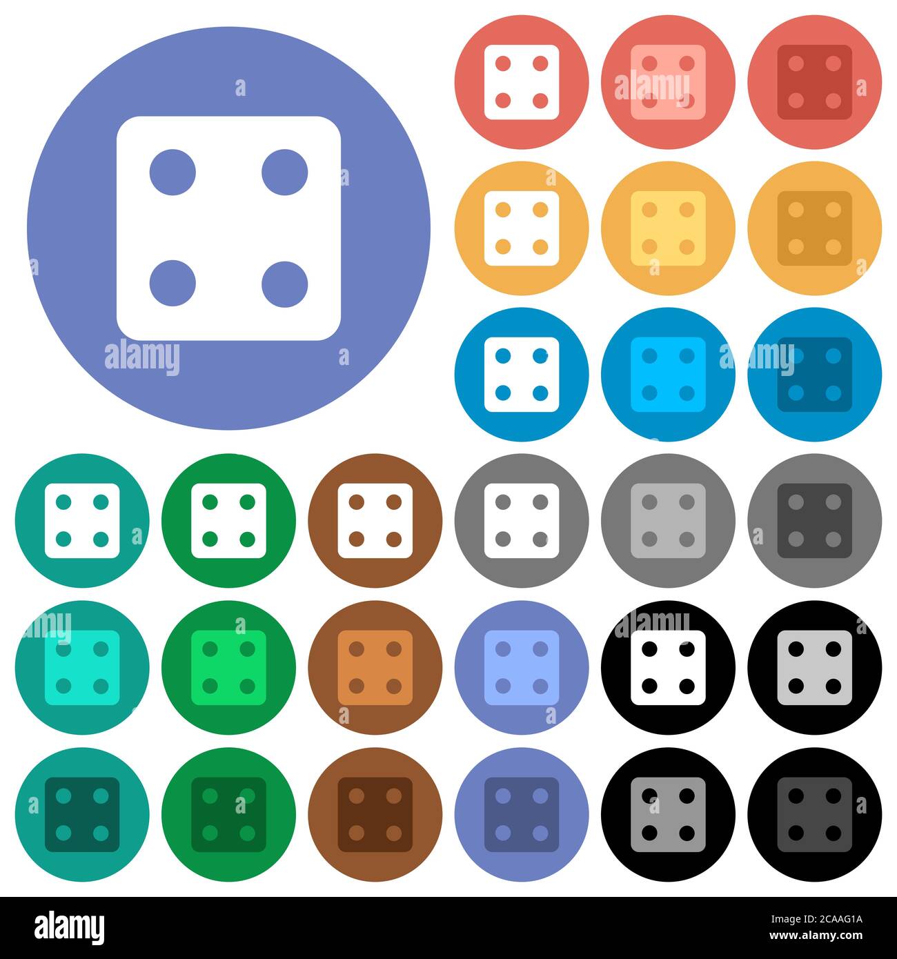 Dice four multi colored flat icons on round backgrounds. Included white ...