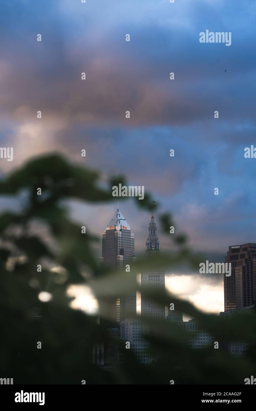 Cleveland Ohio Skyline During Sunset with Dramatic Clouds Stock Photo ...