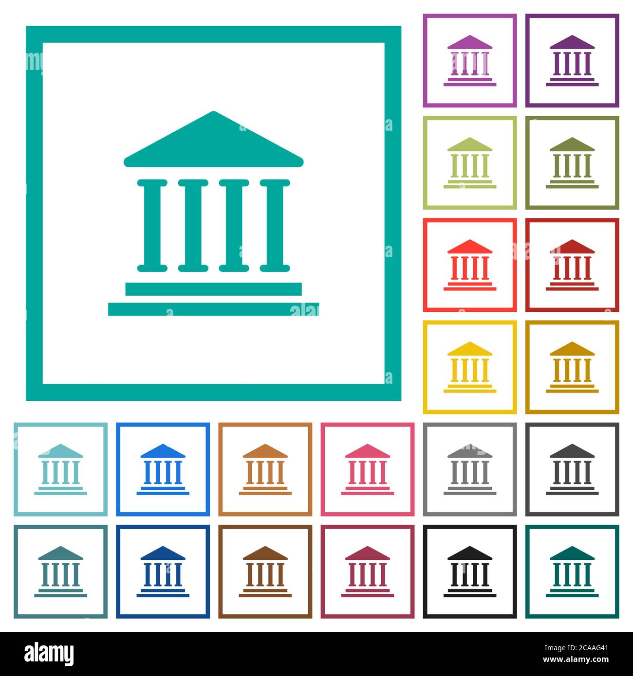 Bank office building flat color icons with quadrant frames on white ...