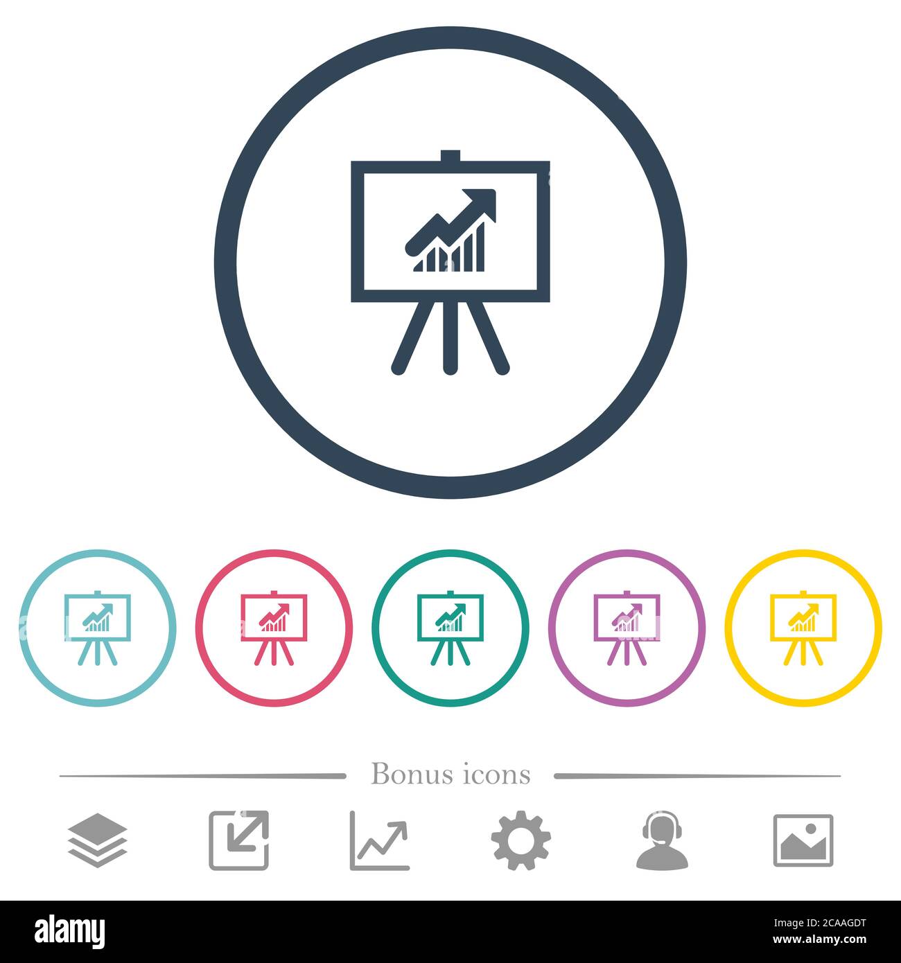 Presentation table with rising graph flat color icons in round outlines ...