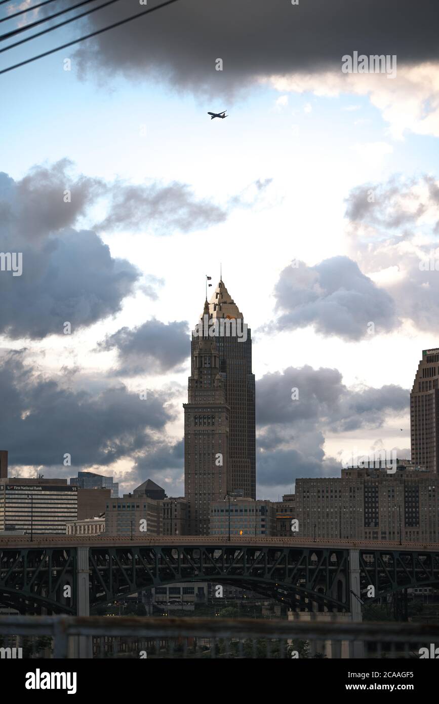 Cleveland Ohio Skyline During Sunset with Dramatic Clouds Stock Photo ...