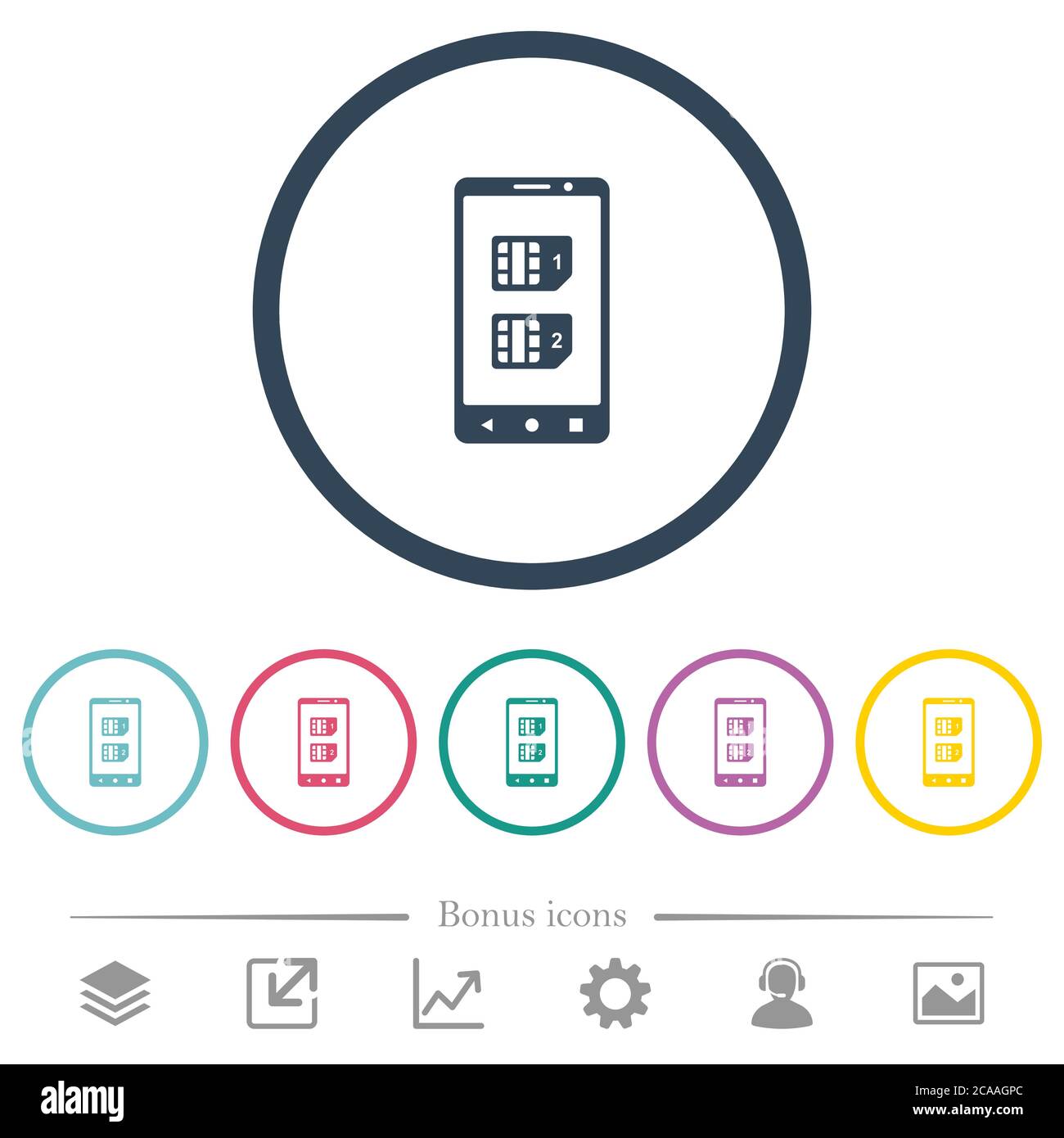 Dual SIM mobile flat color icons in round outlines. 6 bonus icons ...