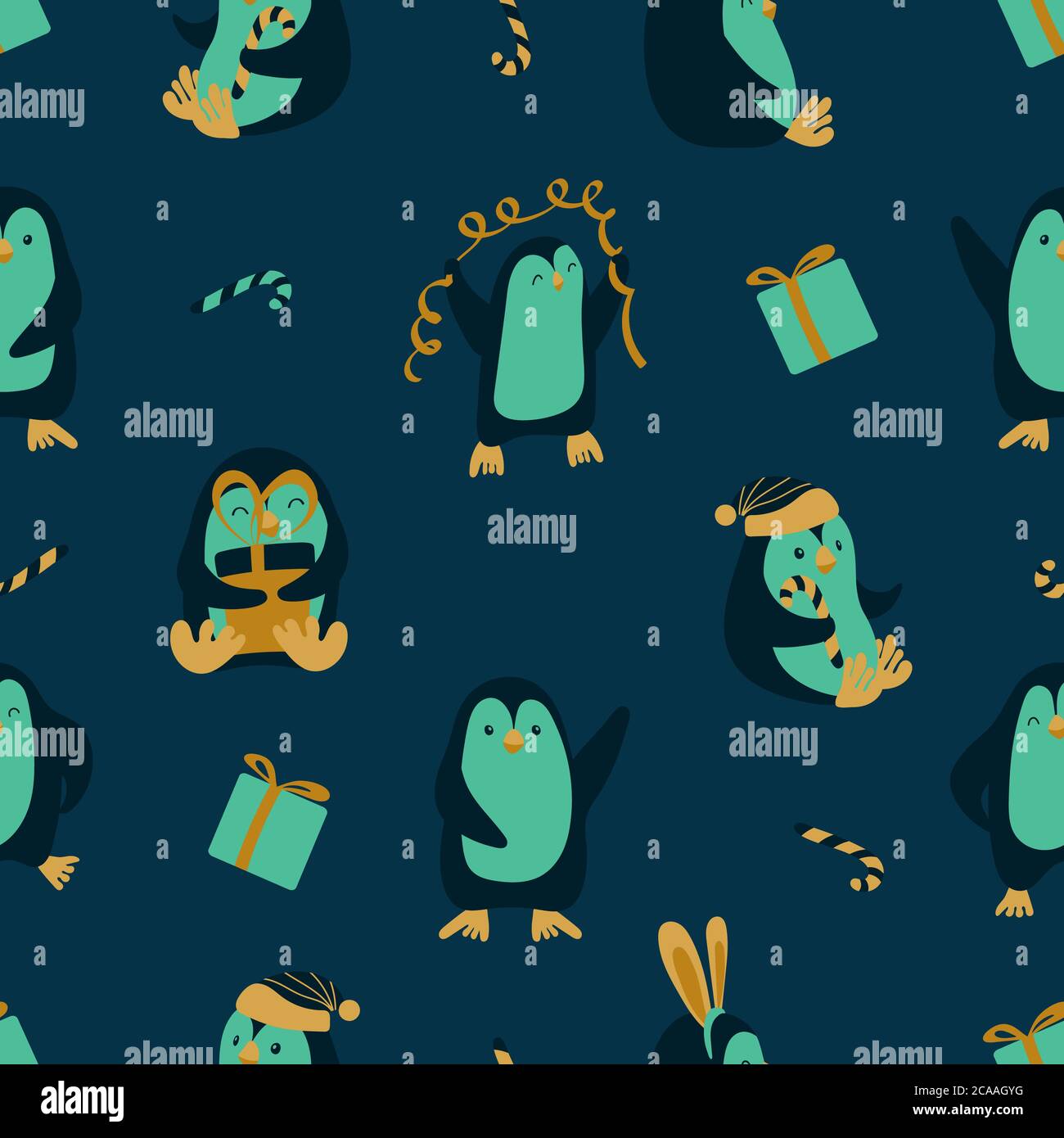 Seamless pattern with cute cartoon penguins on dark blue background ...