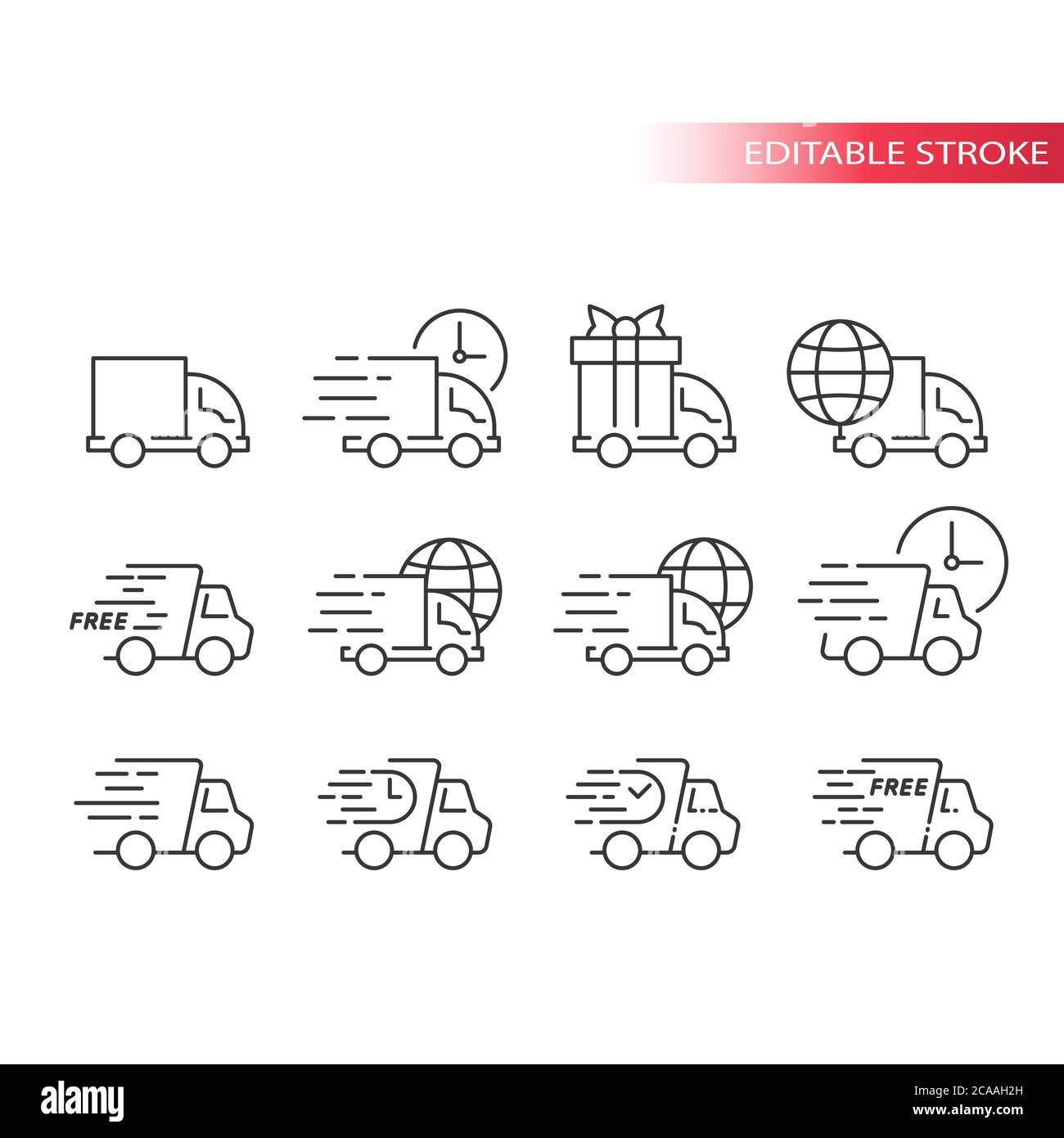 Delivery truck or lorry line vector icon set. Fast delivery, speed ...