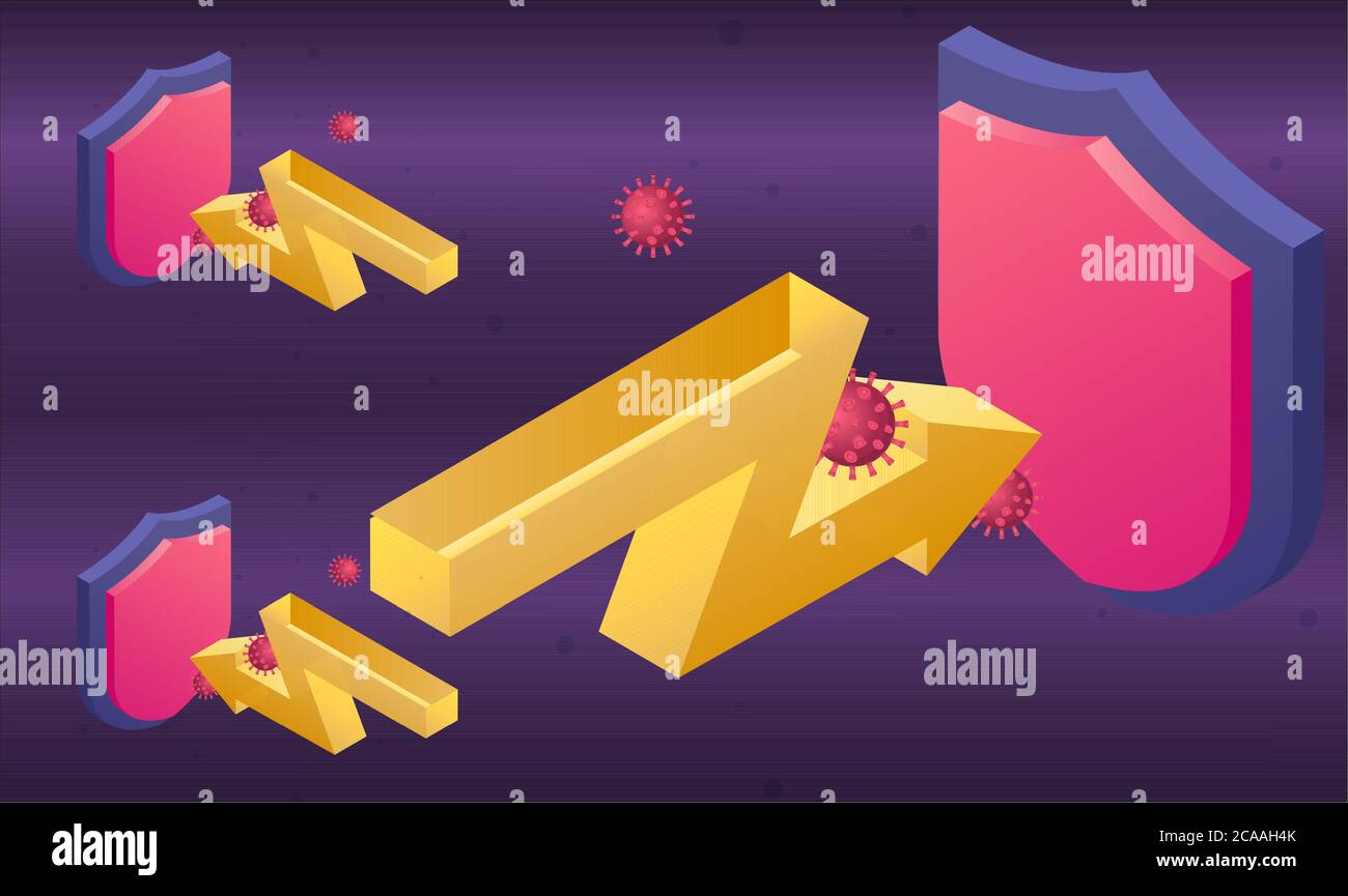 Secure Shield with arrows and bacteria on dark abstract background ...