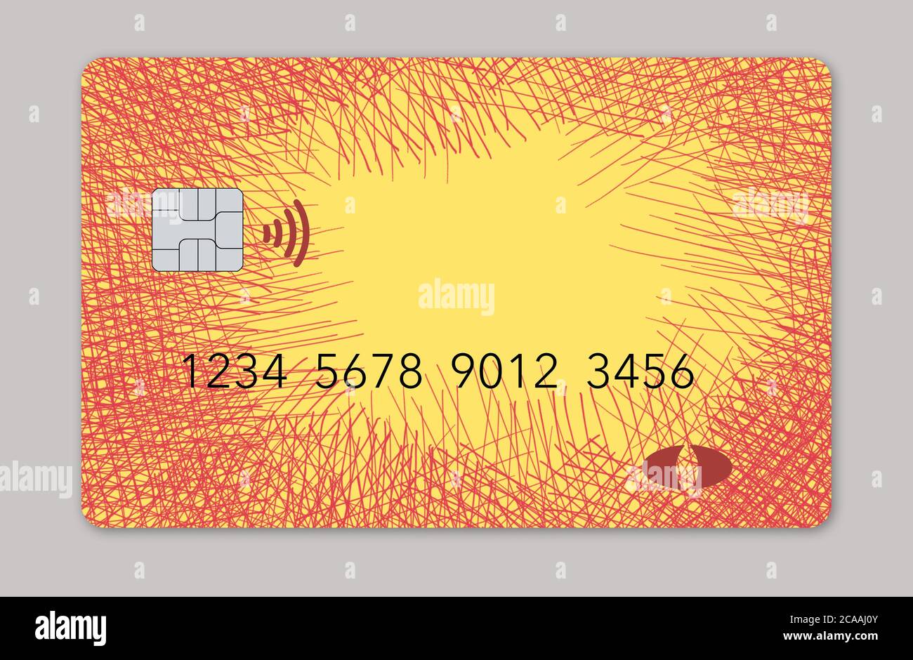 Here is a mock generic credit card with red and yellow tones and a ...
