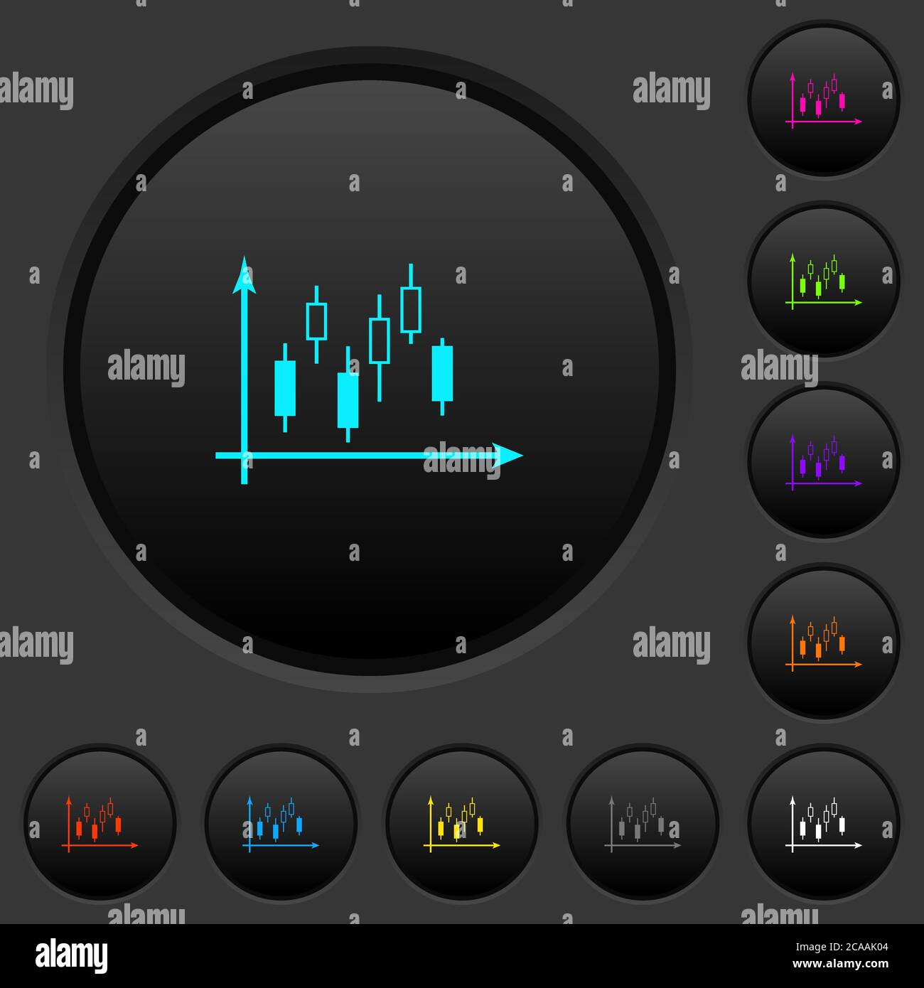 Candlestick graph with axes dark push buttons with vivid color icons on ...