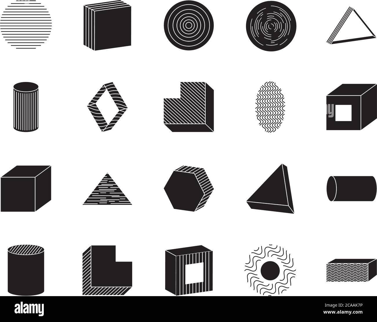 icon set of cube and geometric shapes over white background, silhouette ...