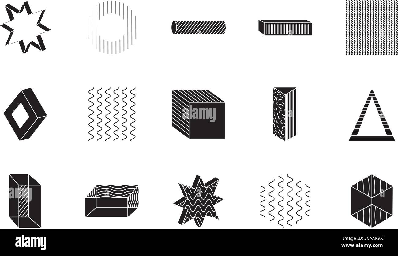 cube and geometric shapes icon set over white background, silhouette ...