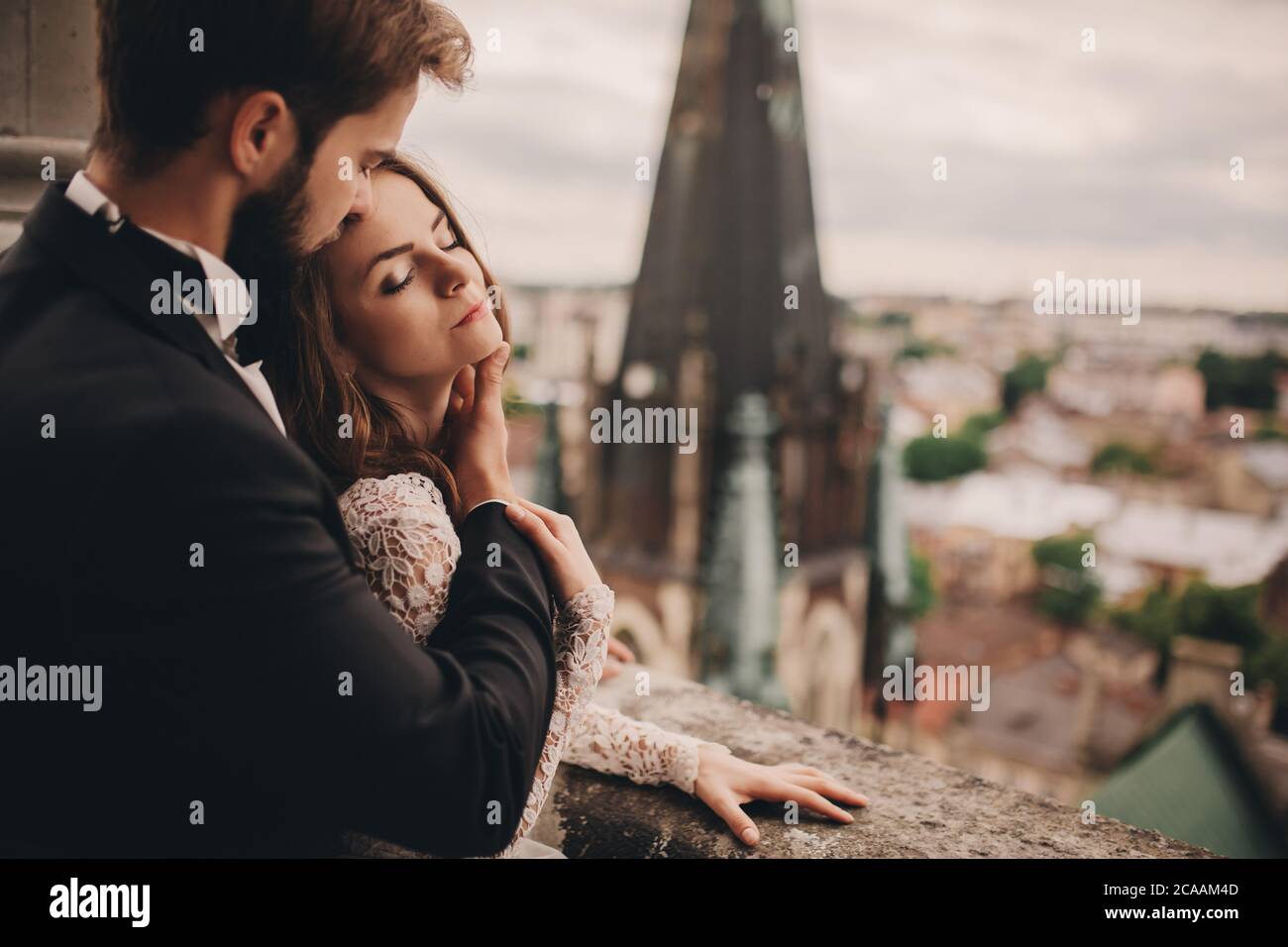 portrait of Happy newlywed. beautiful bride and stylish groom are ...