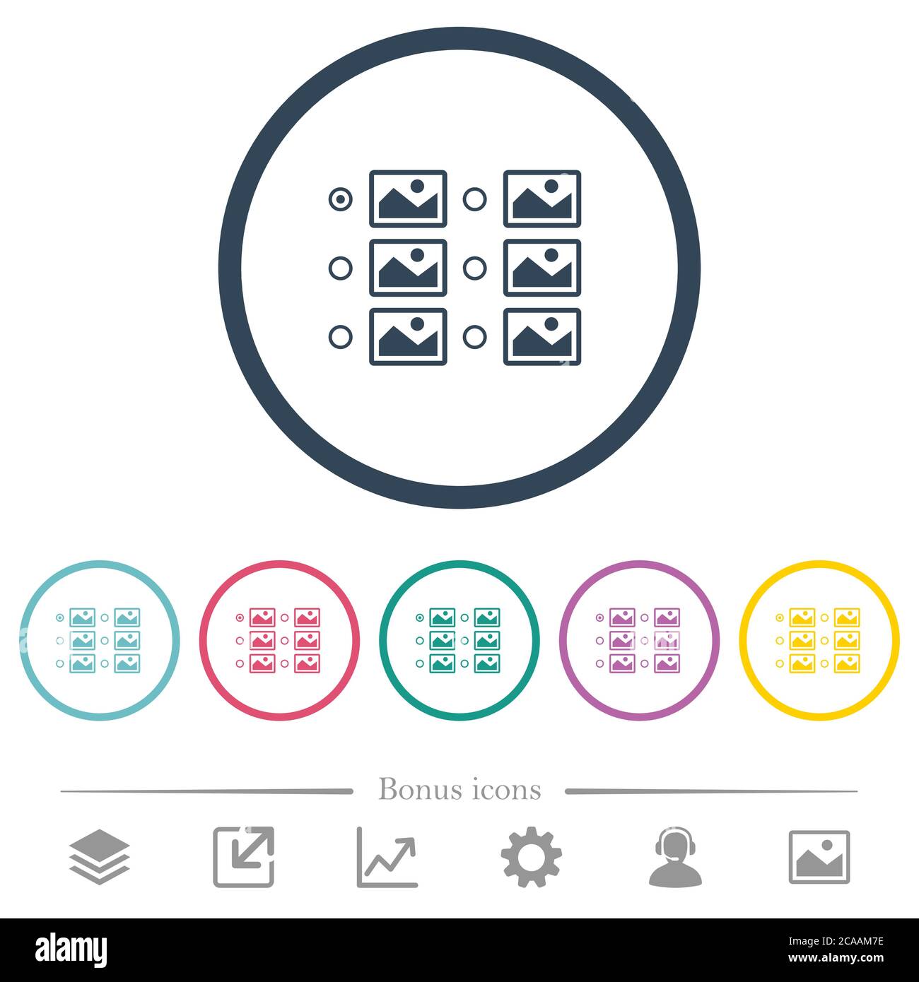 Single image selection with radio buttons flat color icons in round outlines. 6 bonus icons ...