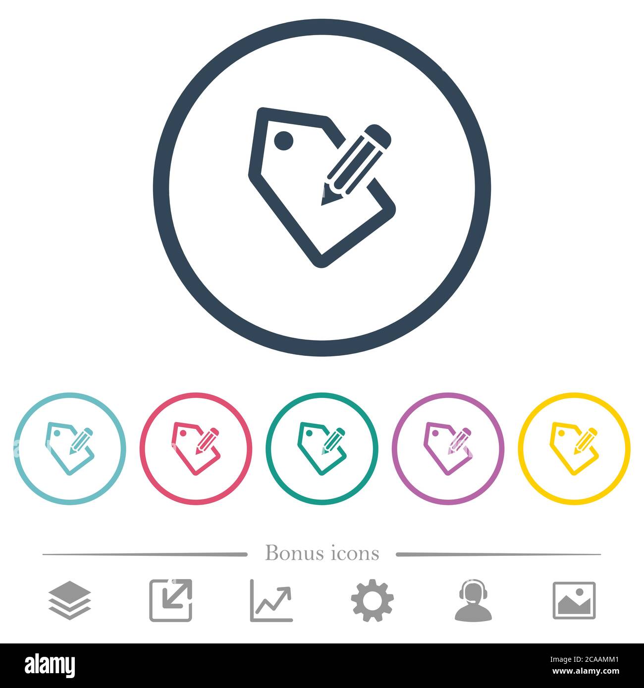 Tagging with pencil flat color icons in round outlines. 6 bonus icons ...