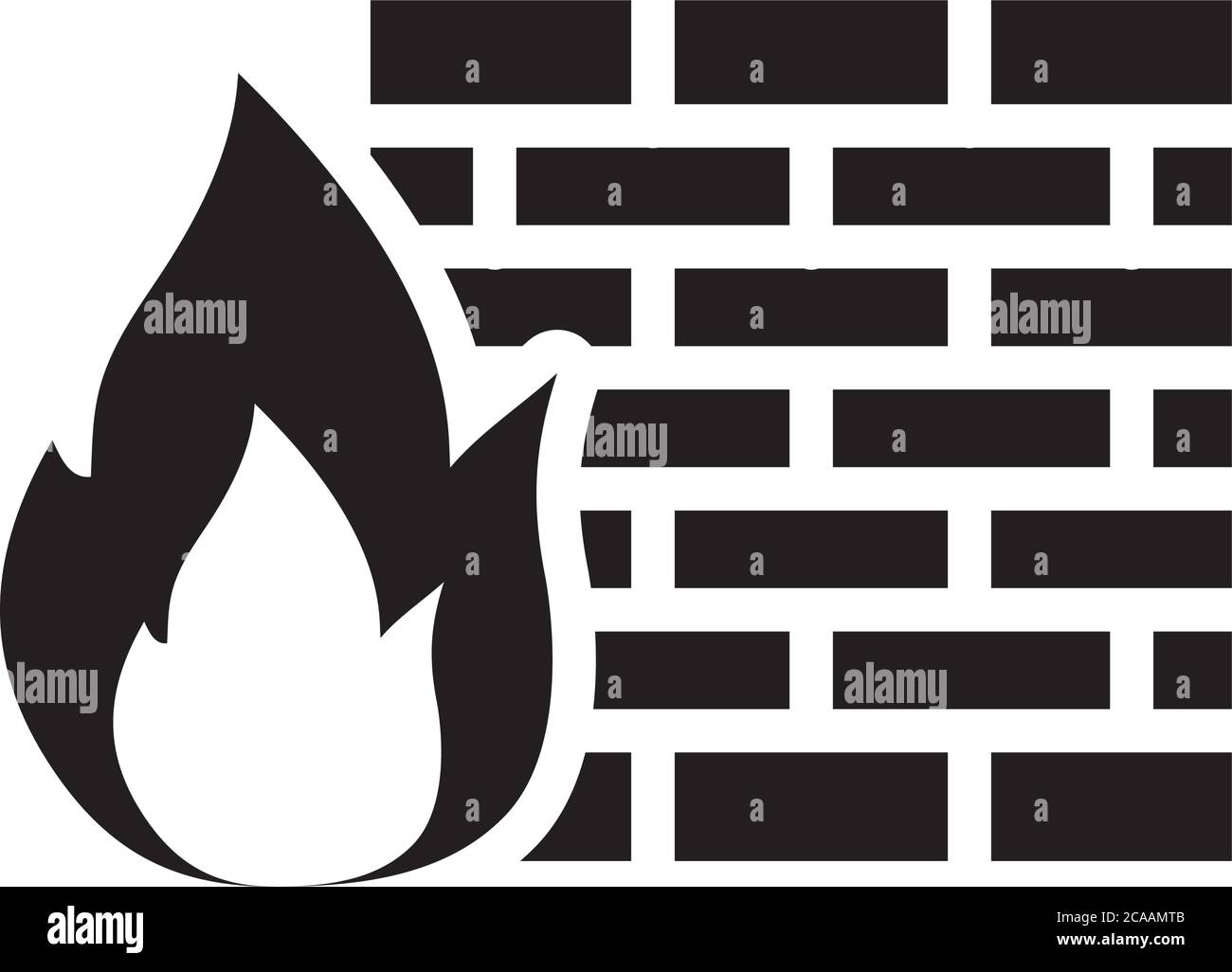 cyber security concept, firewall symbol, fire flame and wall over white ...