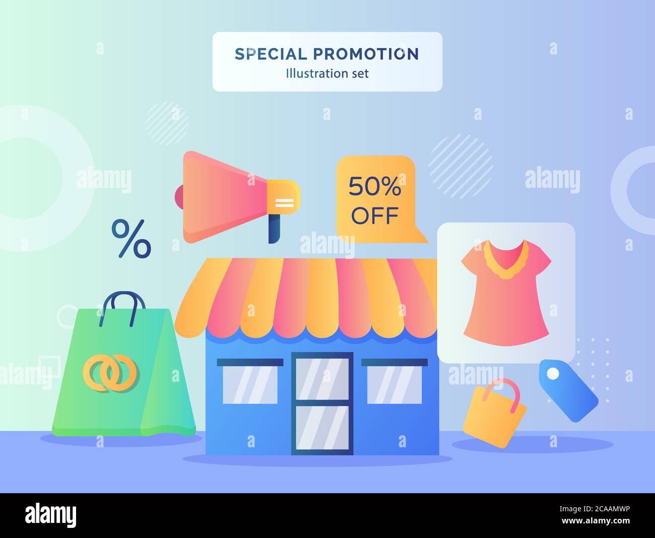 Special promotion illustration set facade store background of shopping ...