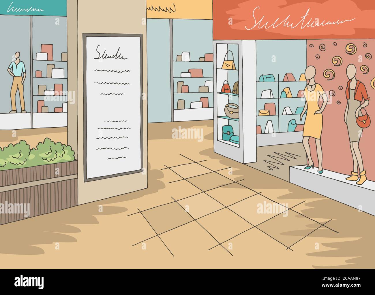 Shopping mall graphic color interior sketch illustration vector Stock ...