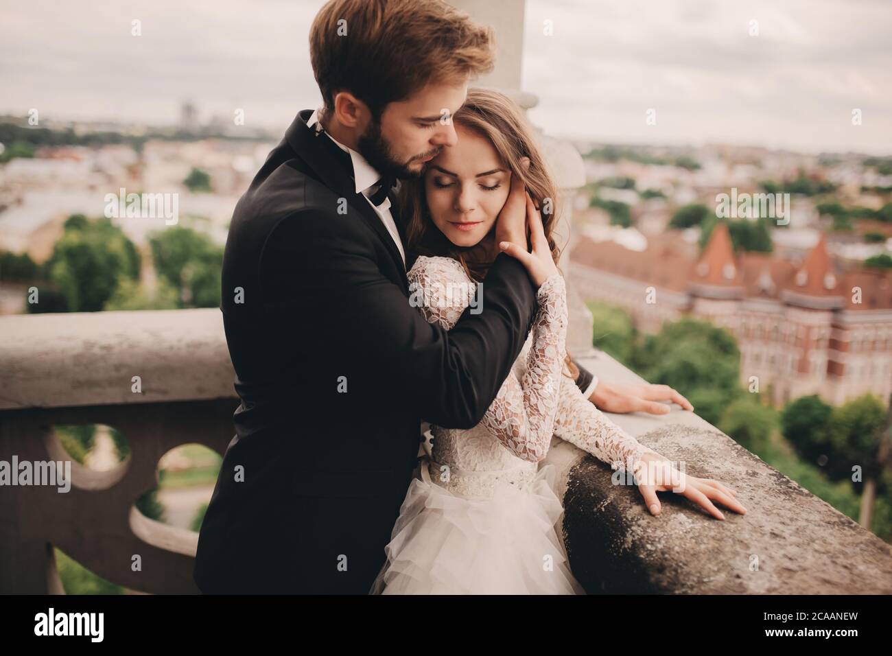Happy newlywed. beautiful bride and stylish groom are hugging on the ...