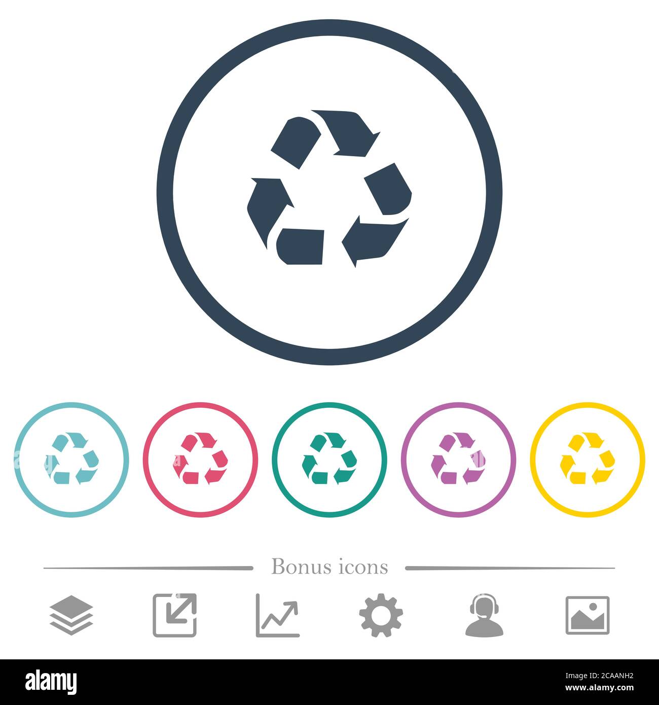 Recycling flat color icons in round outlines. 6 bonus icons included ...