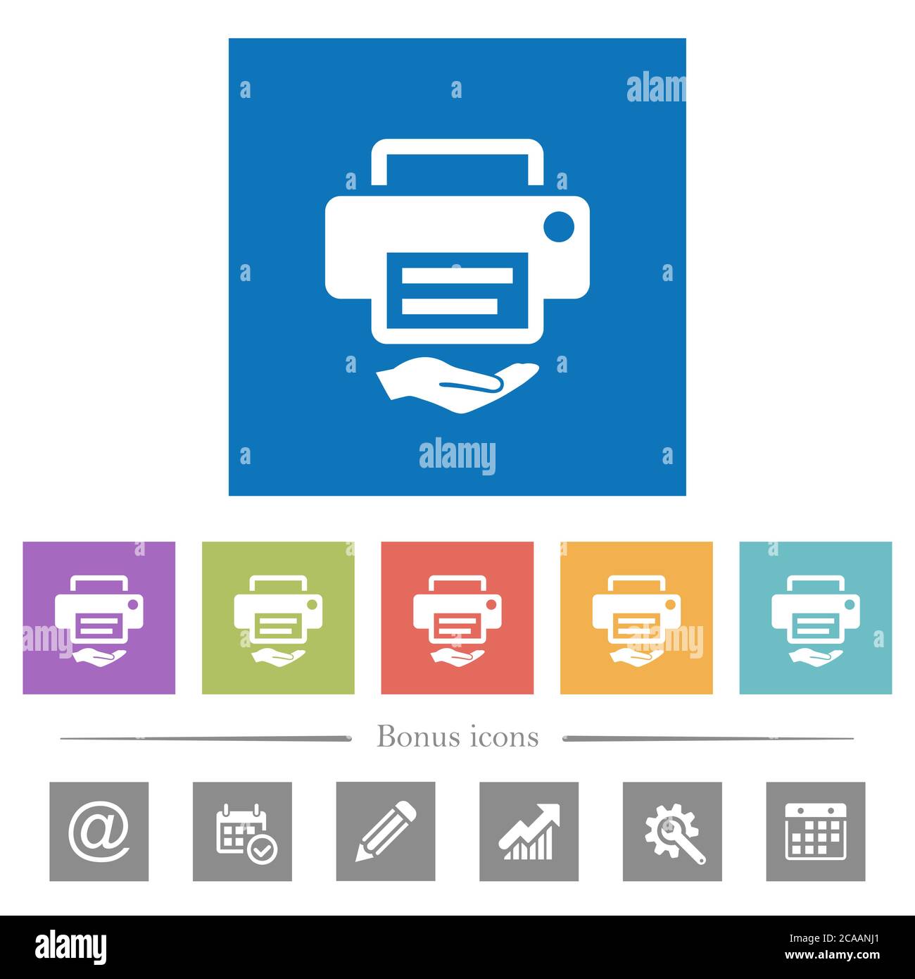 Shared printer flat white icons in square backgrounds. 6 bonus icons ...