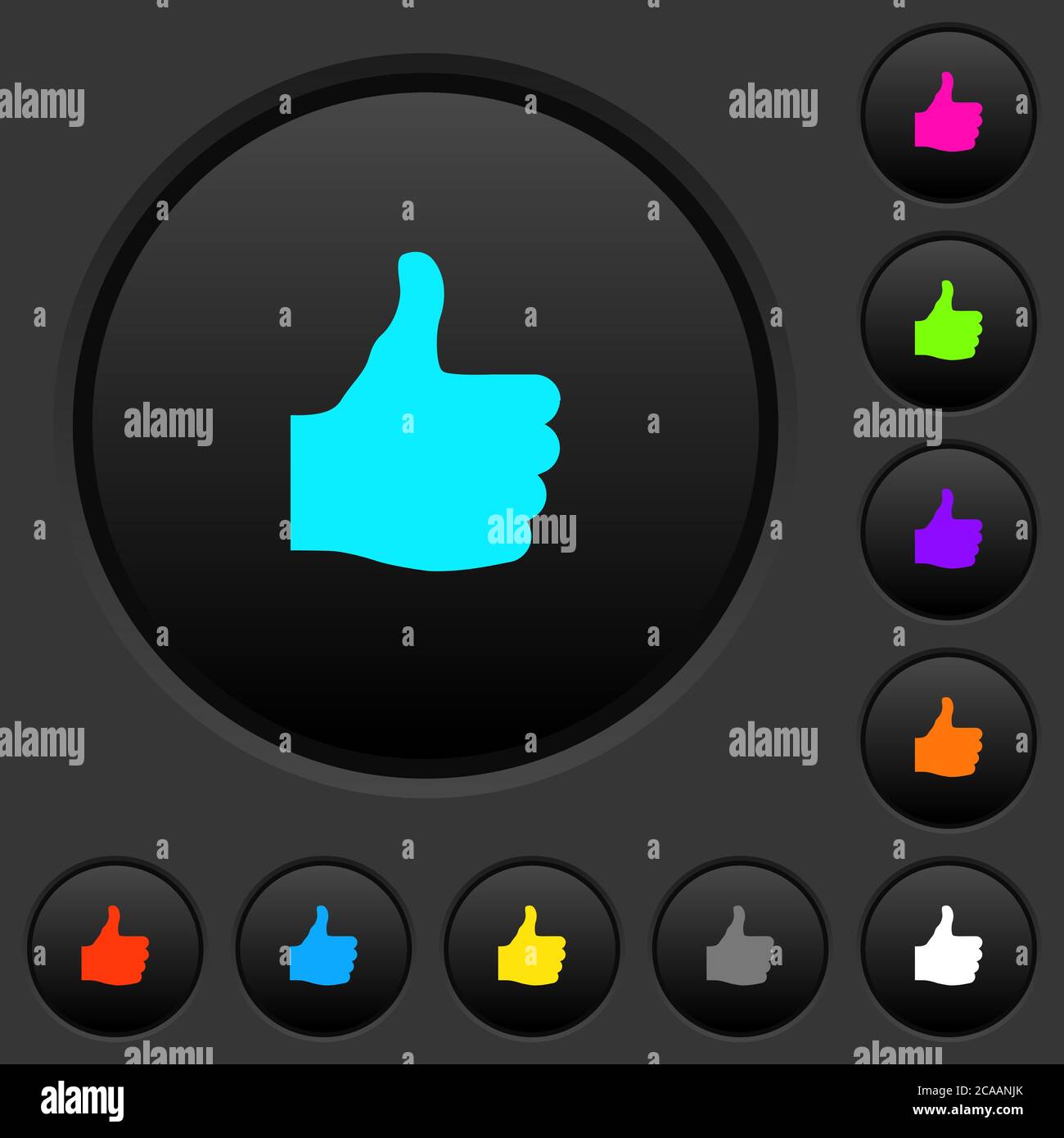 Thumbs up dark push buttons with vivid color icons on dark grey ...