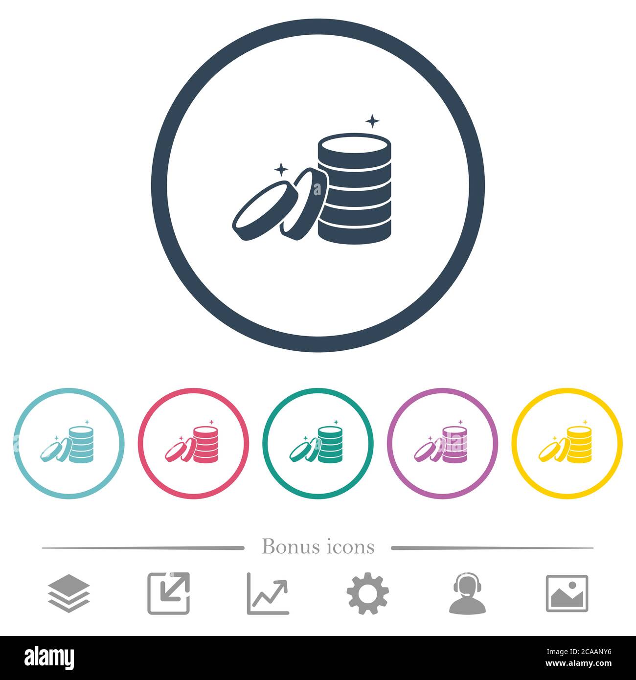 Stack of treasure flat color icons in round outlines. 6 bonus icons ...
