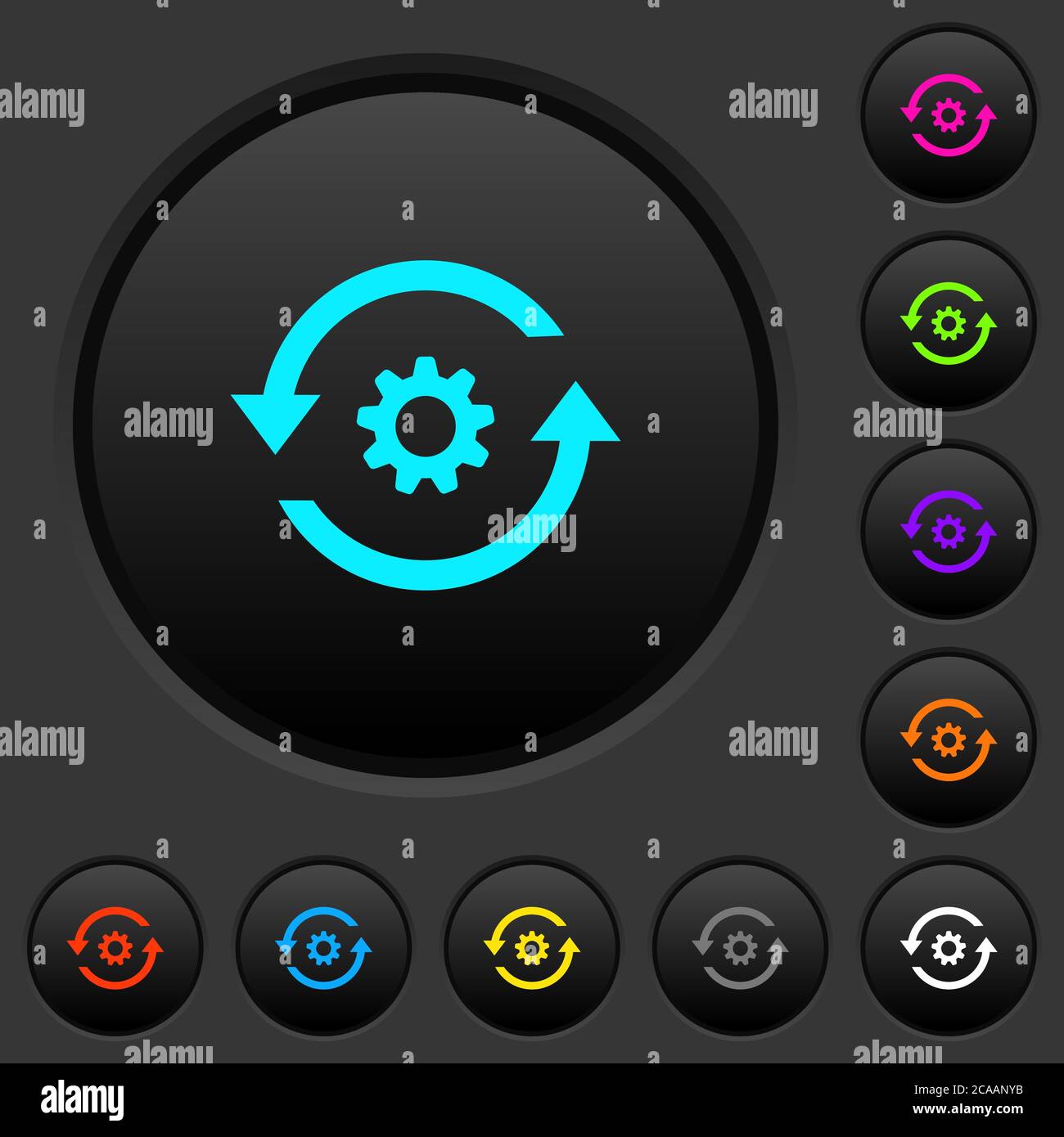 Refresh settings dark push buttons with vivid color icons on dark grey ...