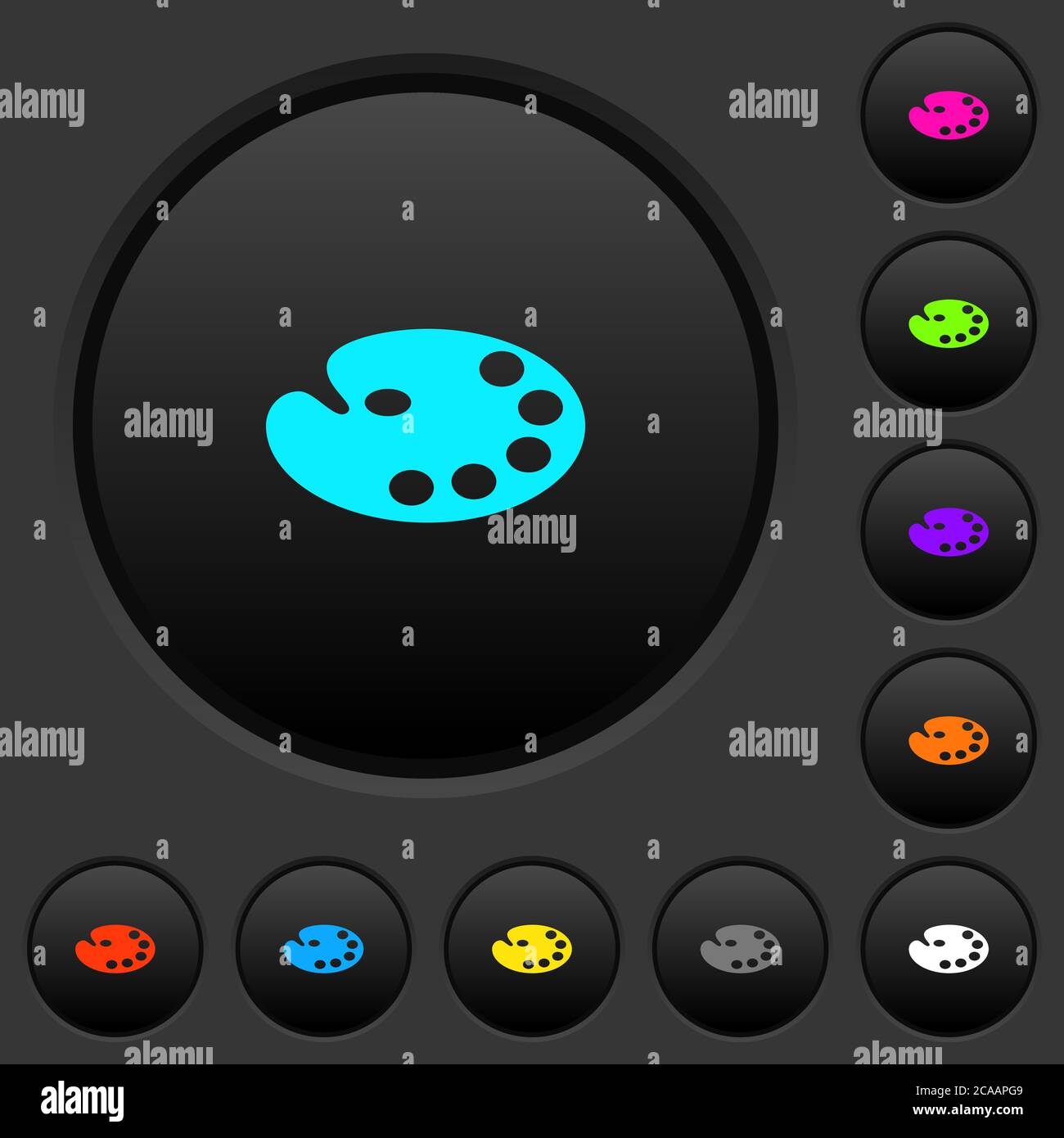 Color palette dark push buttons with vivid color icons on dark grey ...