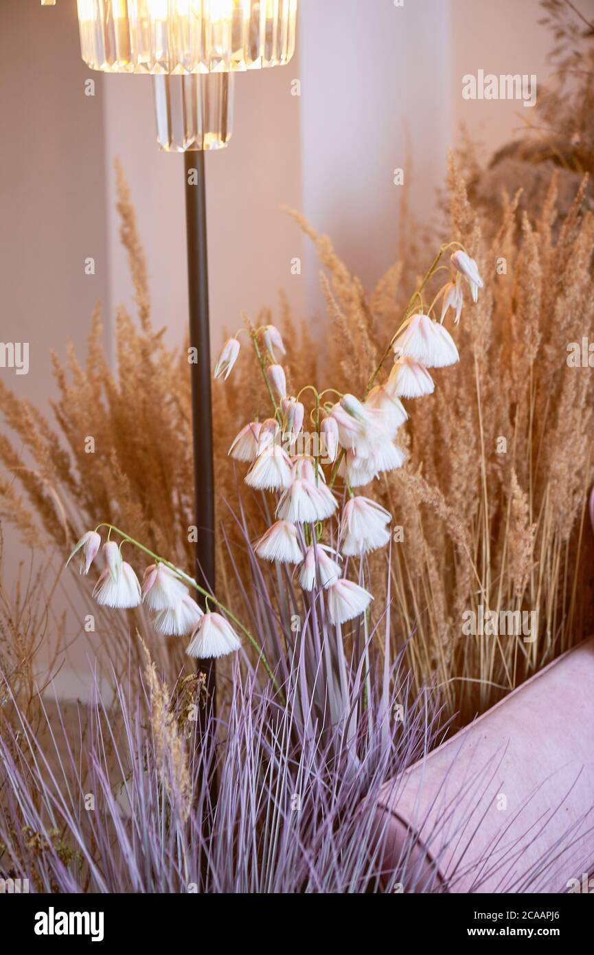 Lamp is a floor lamp with warm light and glass surrounded by cereals ...