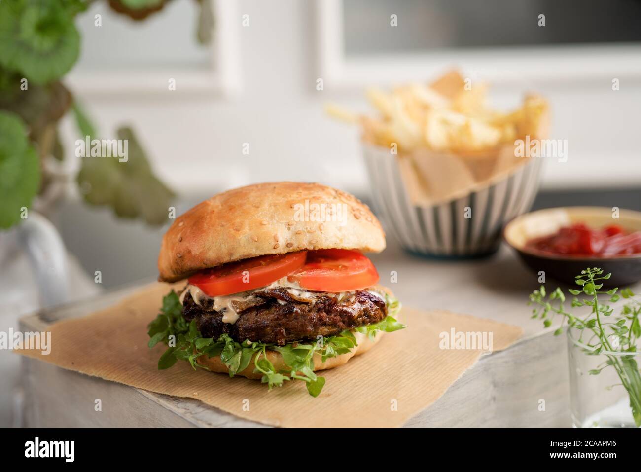 Homemade Burger sandwich with fries Stock Photo - Alamy