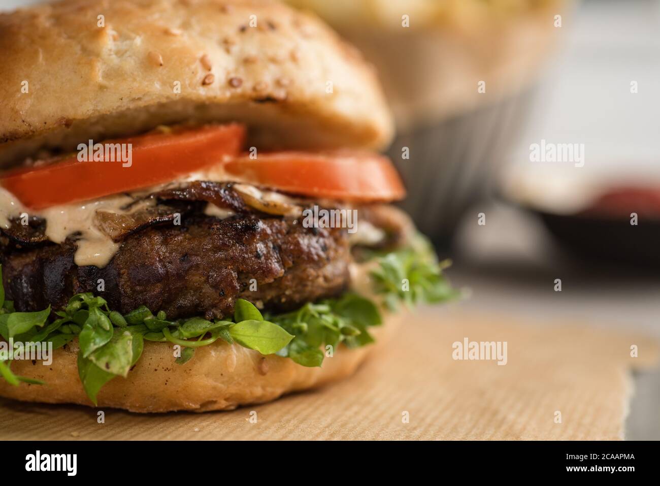Homemade Burger sandwich with fries Stock Photo - Alamy