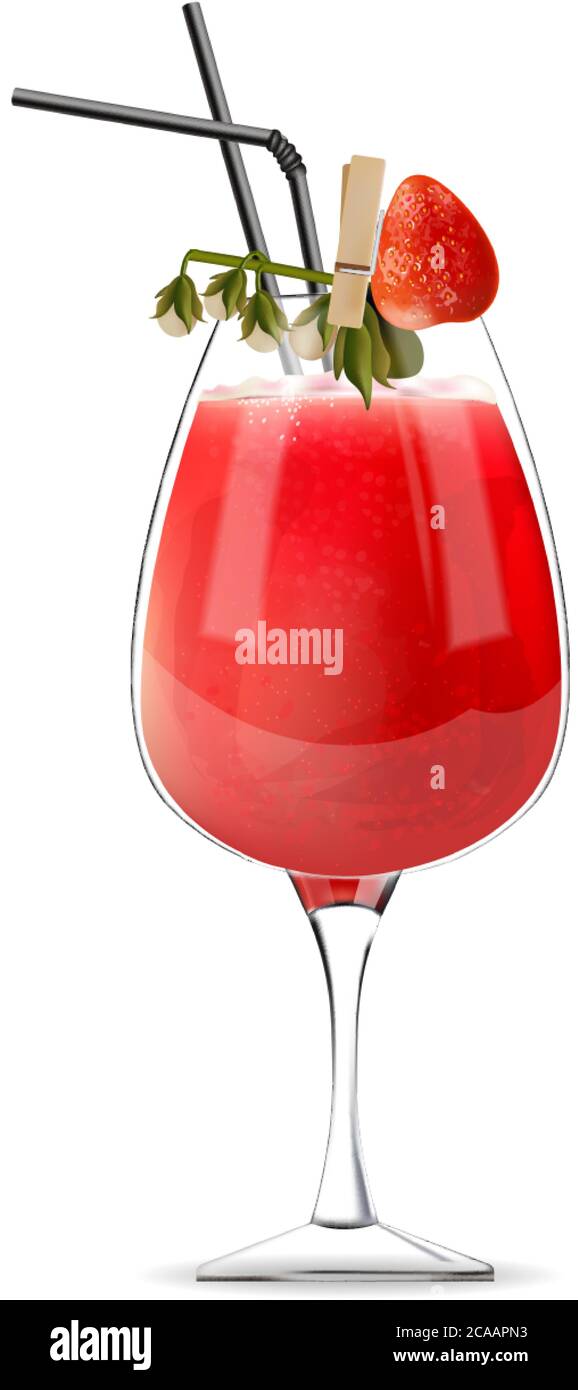Strawberry cocktail in a glass with straws and fruit decoration. Vector ...