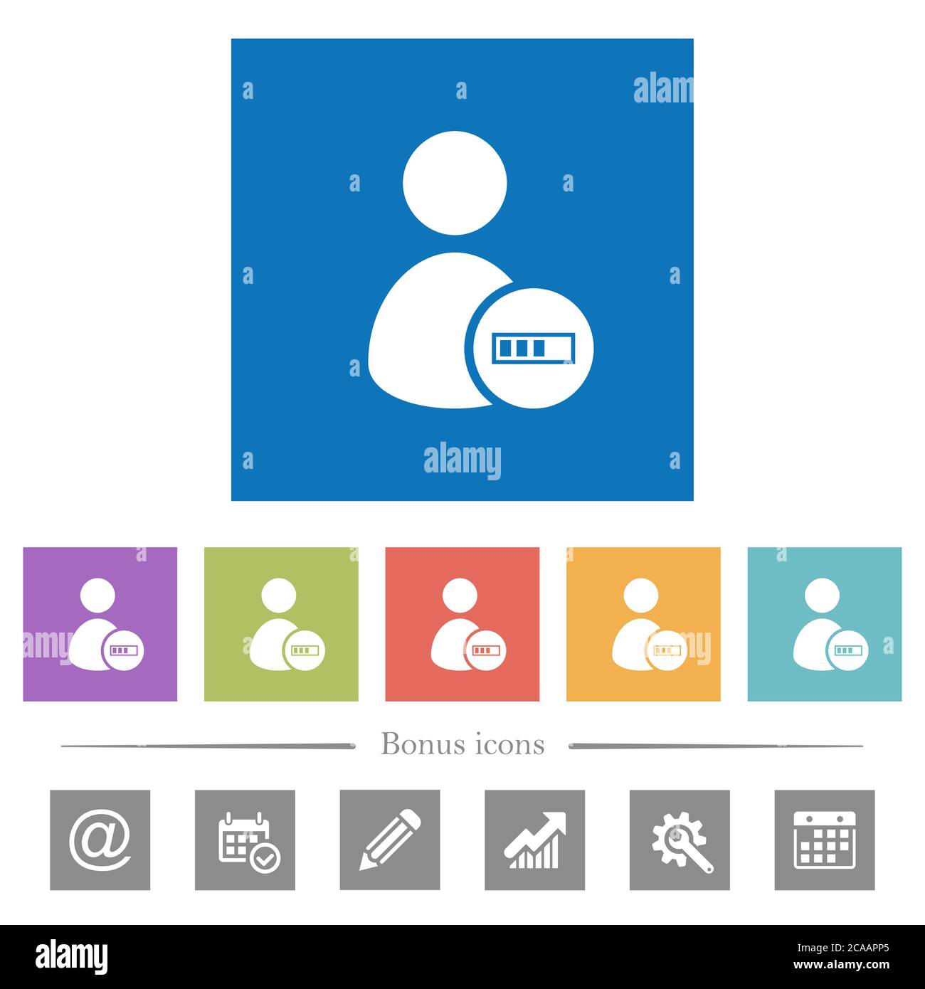 User account processing flat white icons in square backgrounds. 6 bonus ...