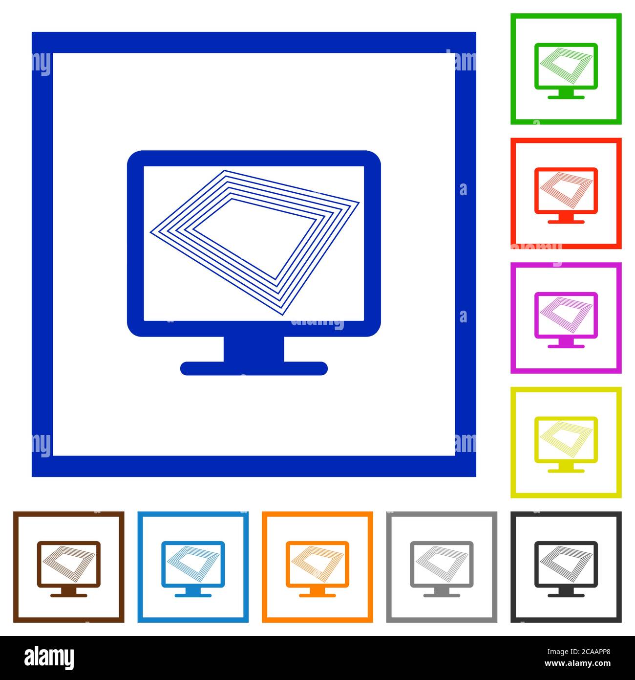 Screen saver on monitor flat color icons in square frames on white ...