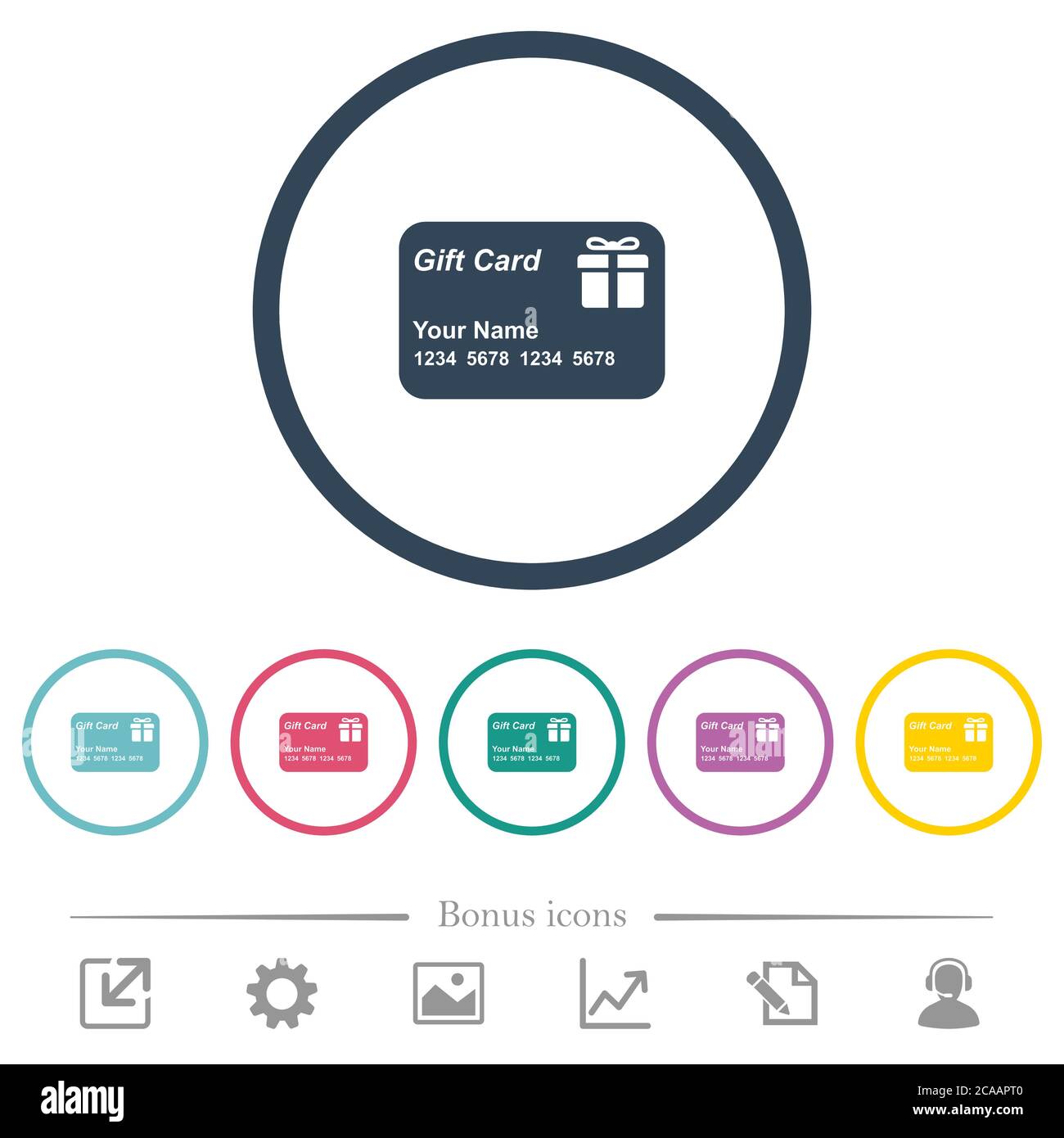 Gift card with name and numbers flat color icons in round outlines. 6 ...