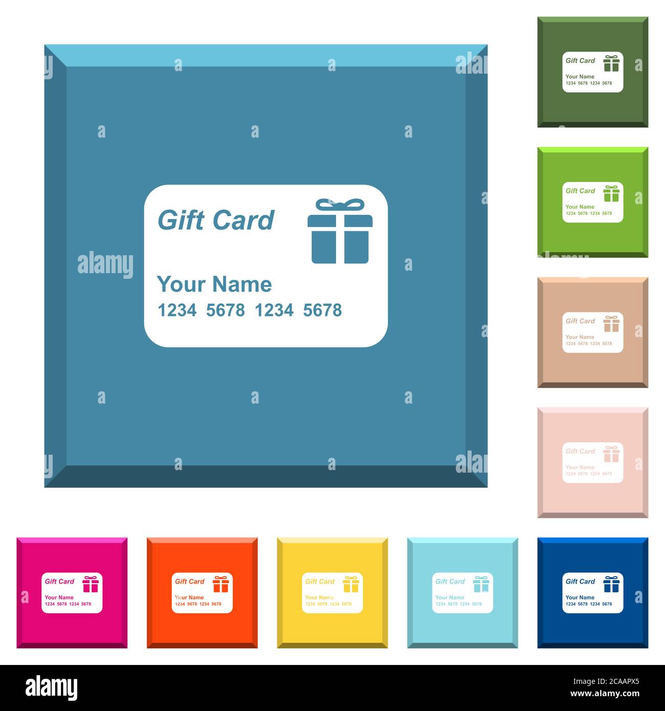 Gift card with name and numbers white icons on edged square buttons in ...